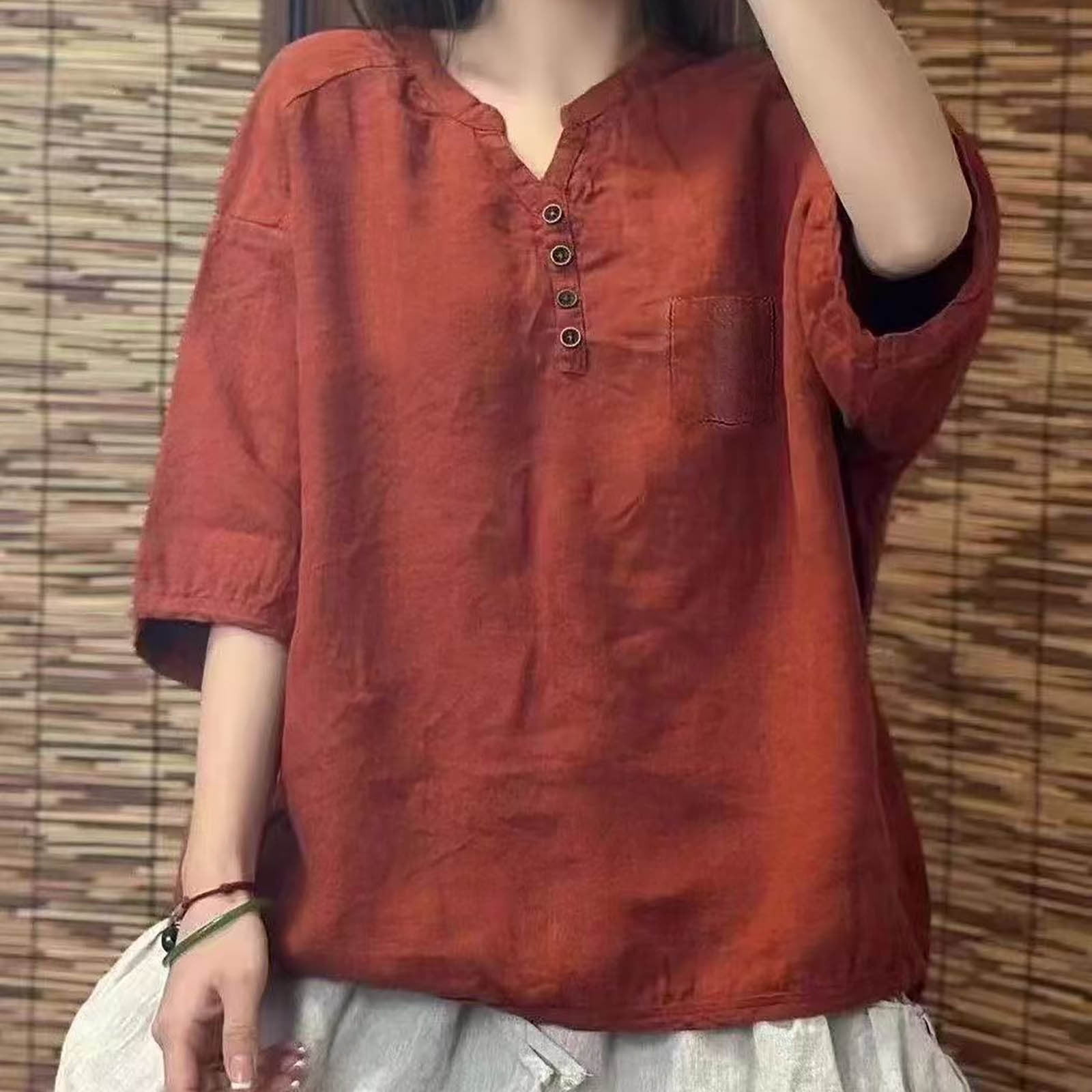 Olyvenn Stylish Vintage Tunic Top for Women Short Sleeve Button Up ...