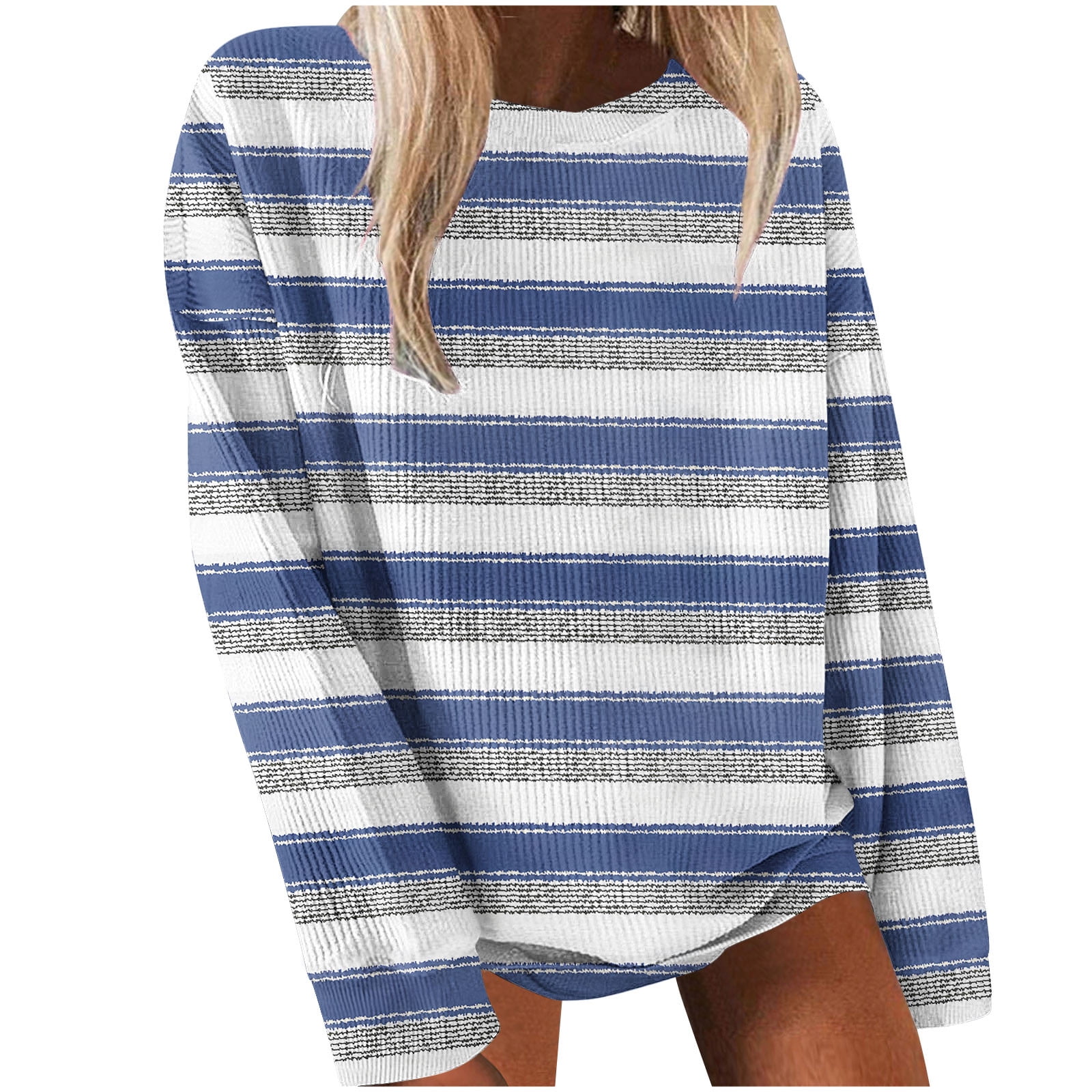 Olyvenn Stylish Womens Color Block Striped Shirt Long Sleeve Crewneck ...