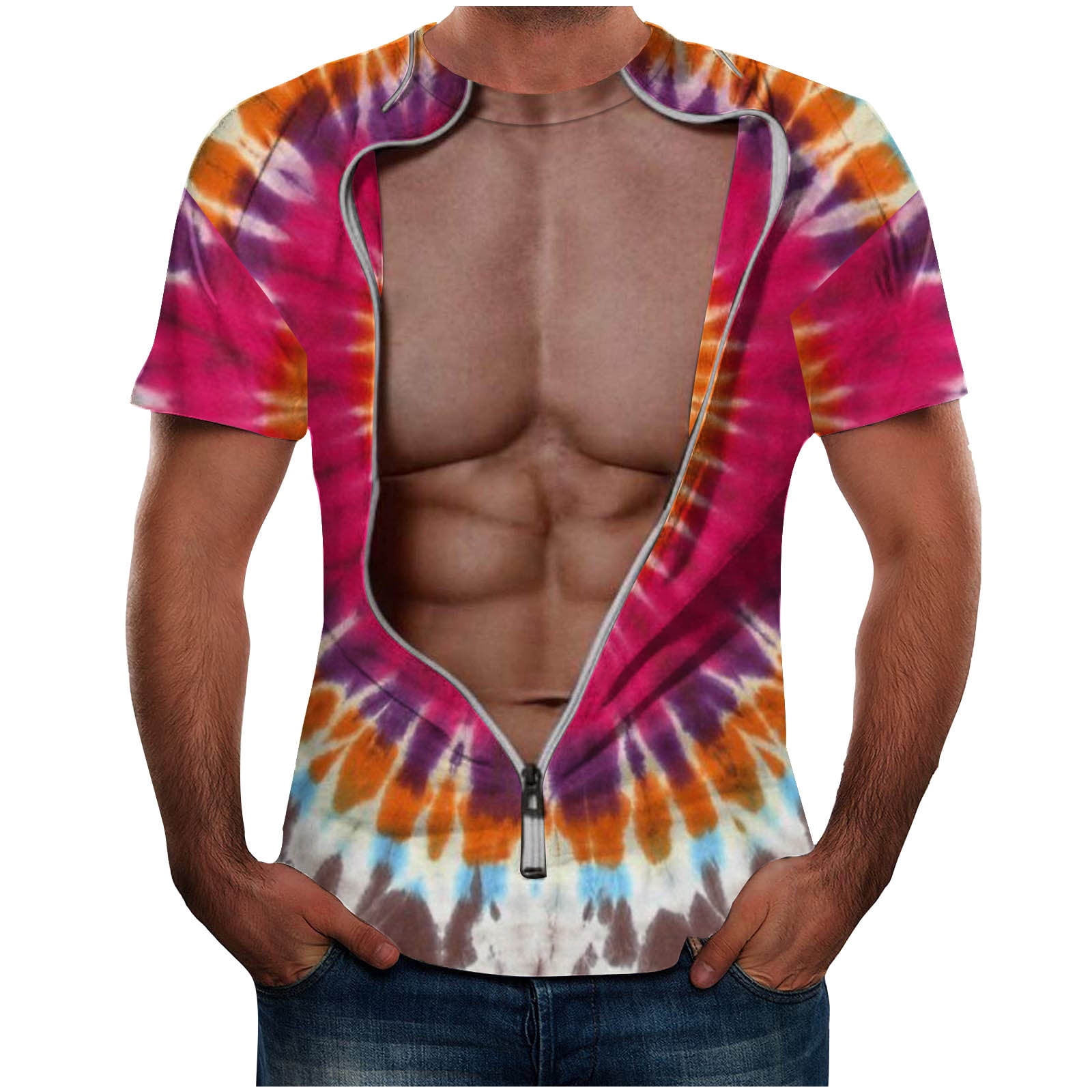 Olyvenn Exciting Funny Rainbow Tie Dye Chest Muscle Print Summer T