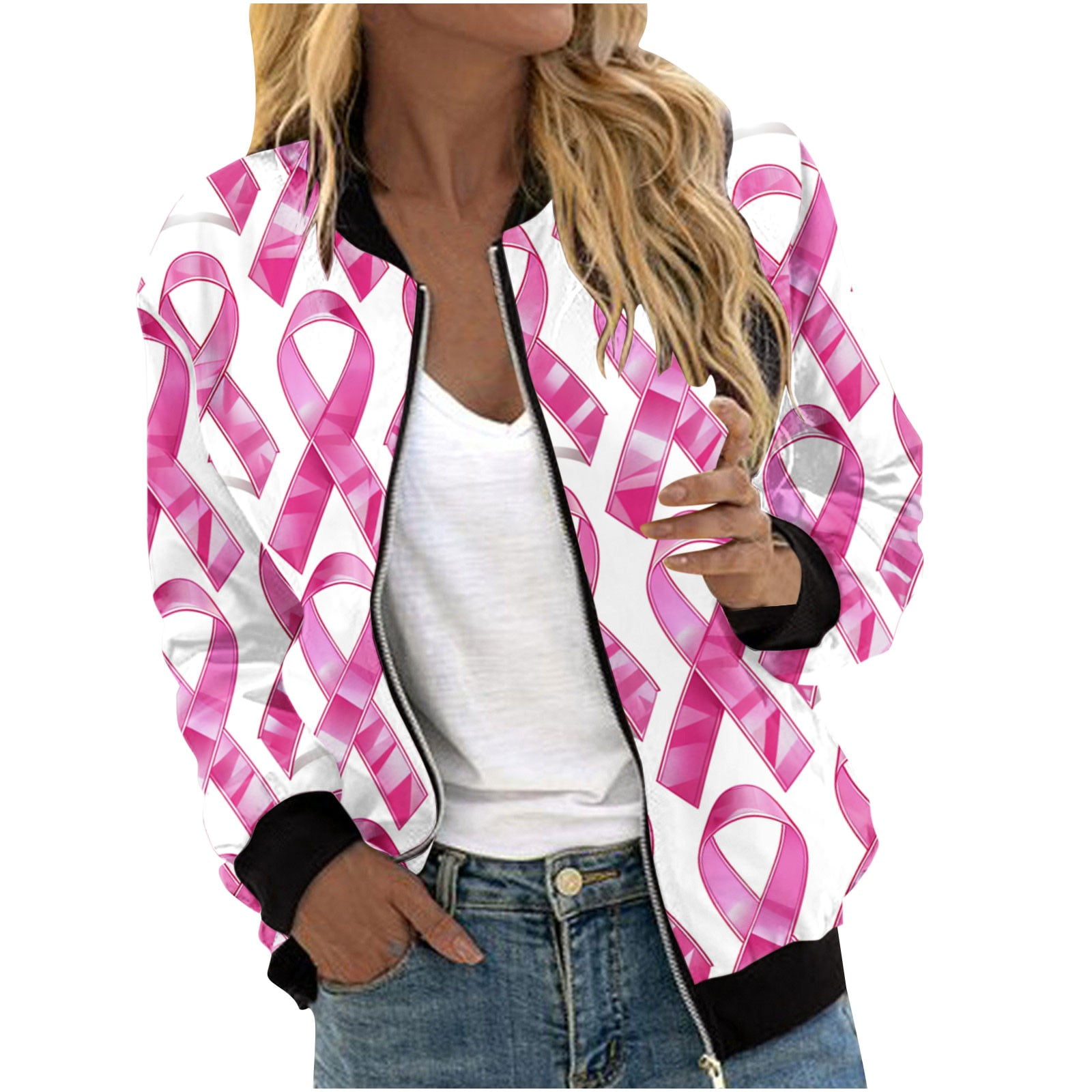 Olyvenn Flash Deals Women's Pink Ribbon Bomber Jacket Long Sleeve ...