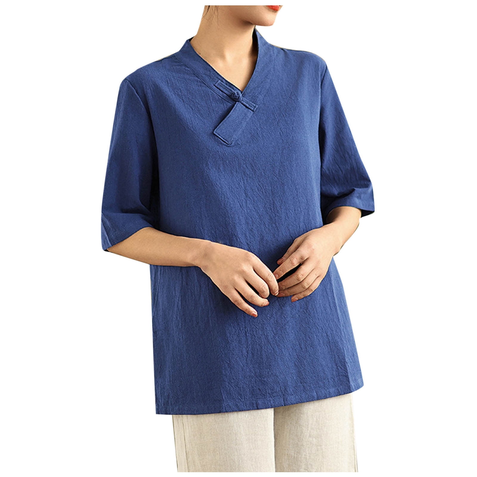 Olyvenn Linen Shirts for Women Trendy V Neck Half Sleeve Tunic Blouses ...