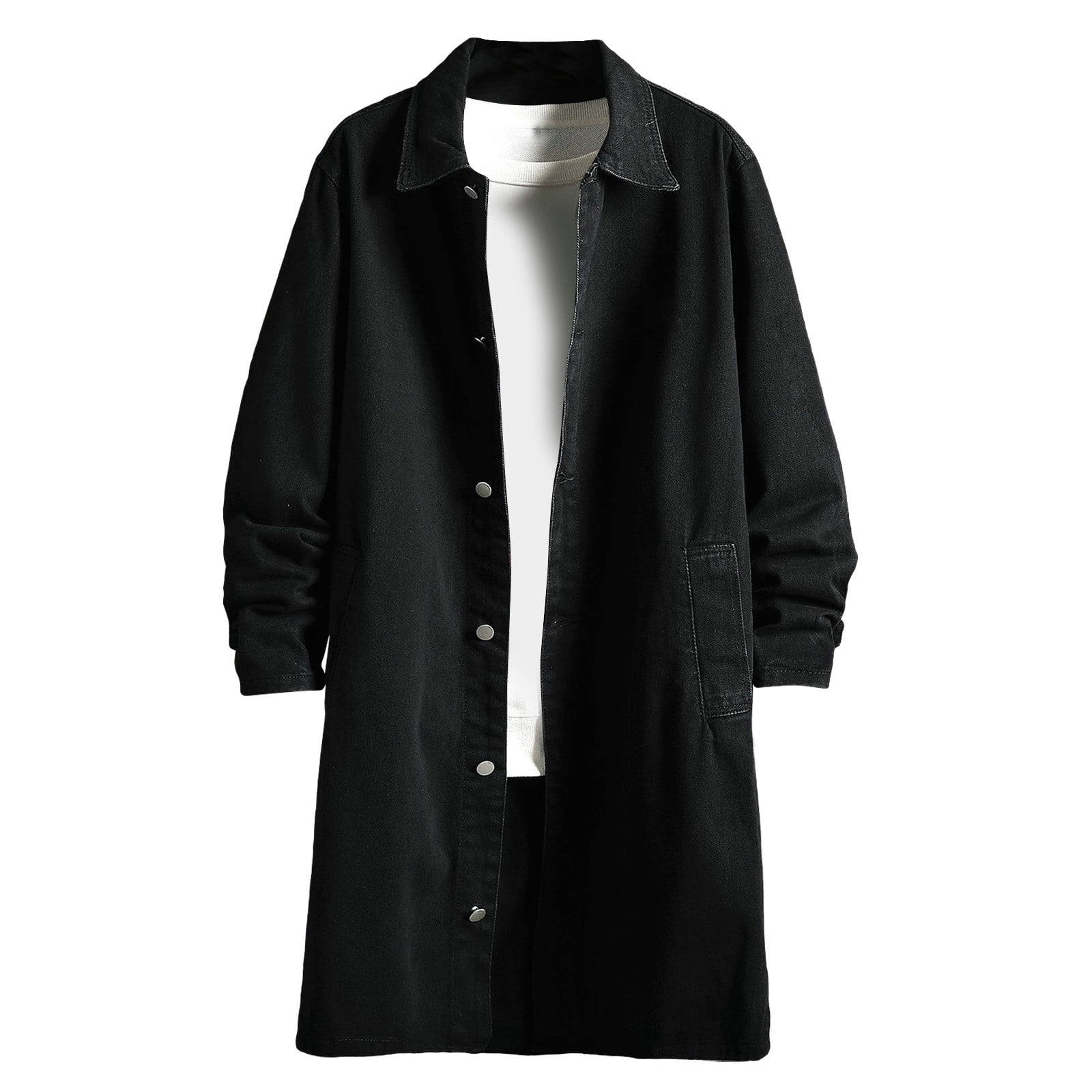 Olyvenn Men Long Washed Retro Denim Jacket Long Sleeves Buttons Trench ...