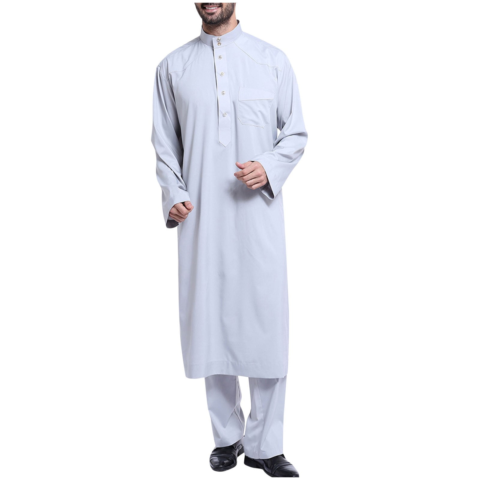 Olyvenn Men's Muslim Clothing Sets Long Sleeve Solid Thobe Robe Kaftan ...