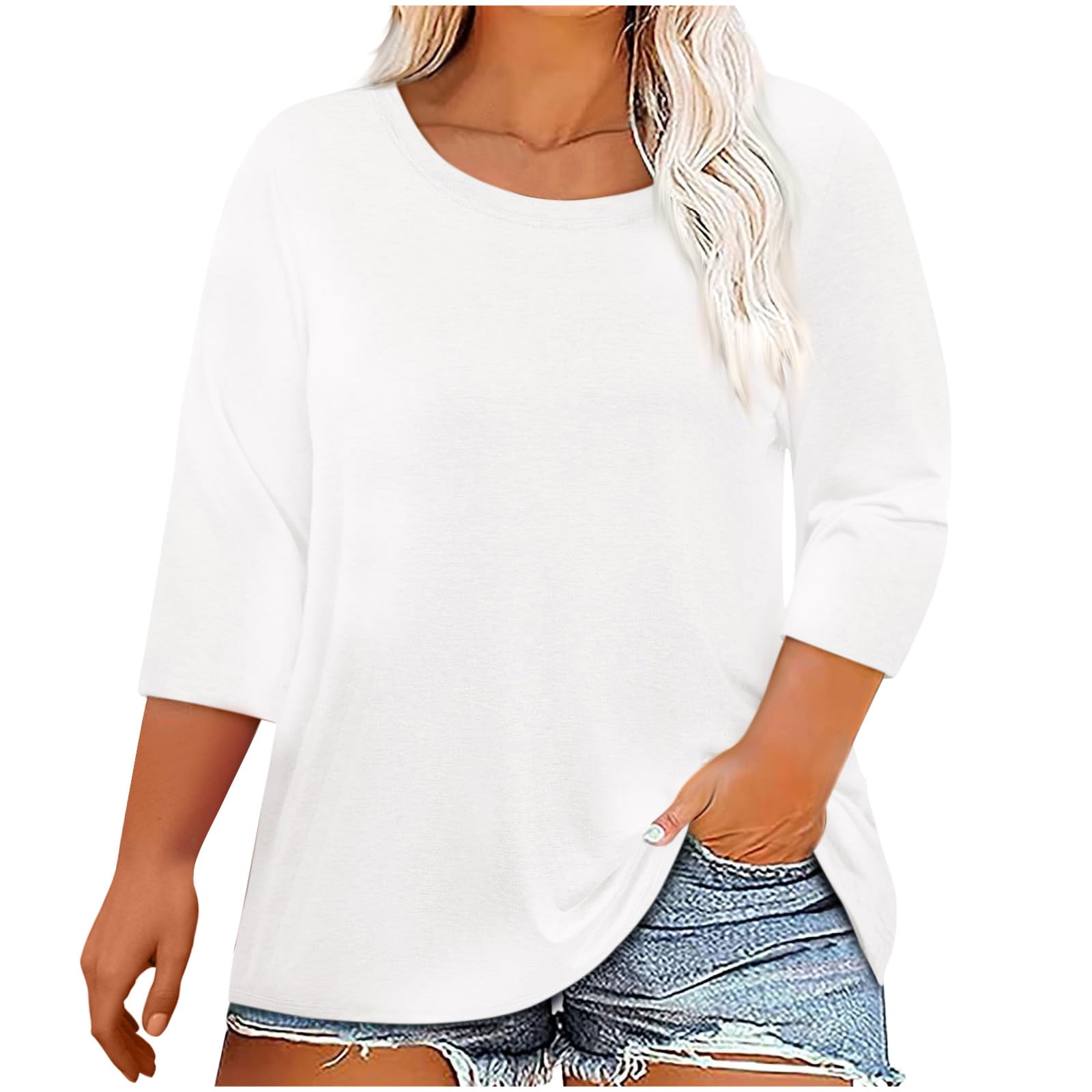 Olyvenn Plus Size Tops for Women 3/4 Sleeve Round Neck Tunic Tops Loose ...
