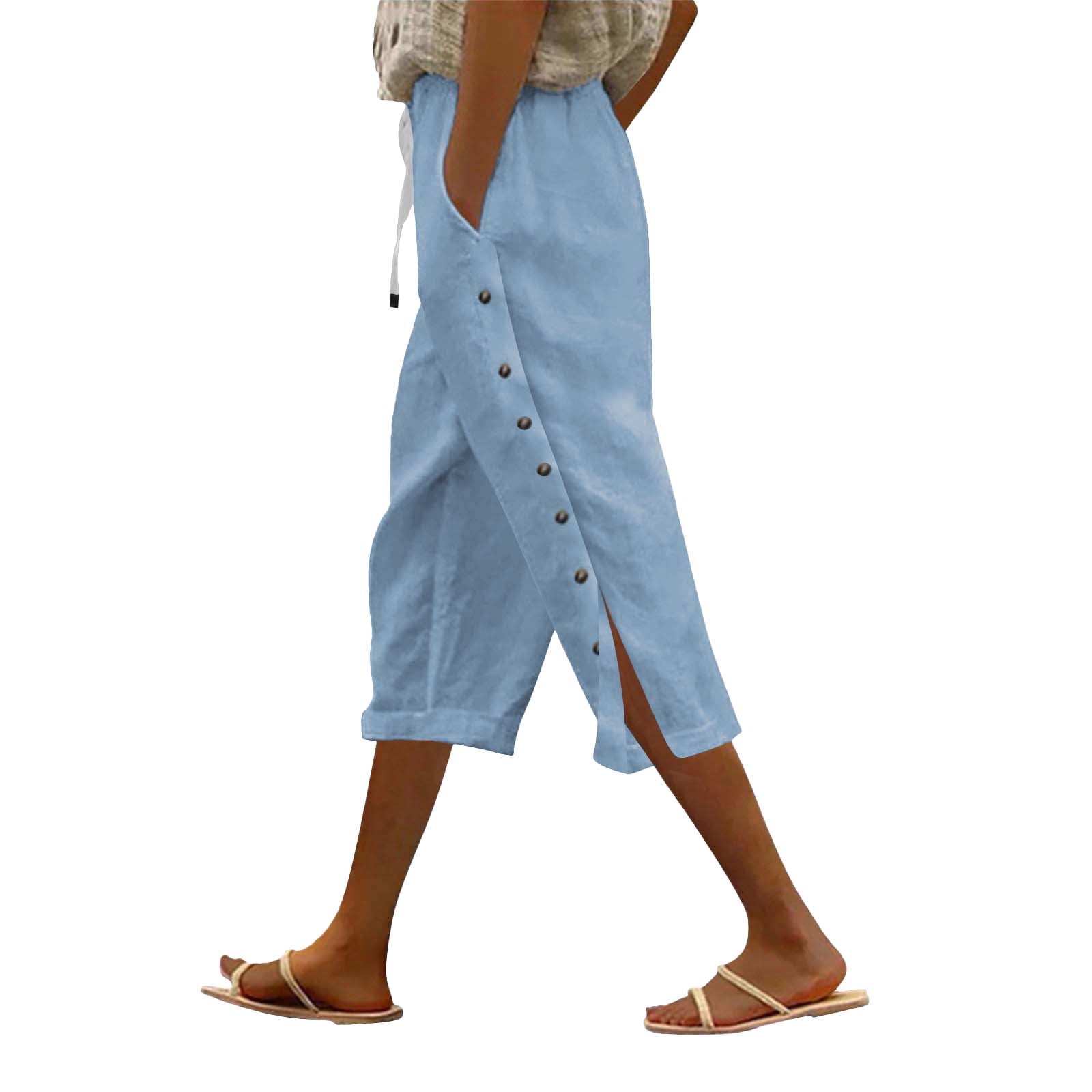 Olyvenn Fashion Cotton Linen Pants Women Linen Capri Pants Side Buttons ...
