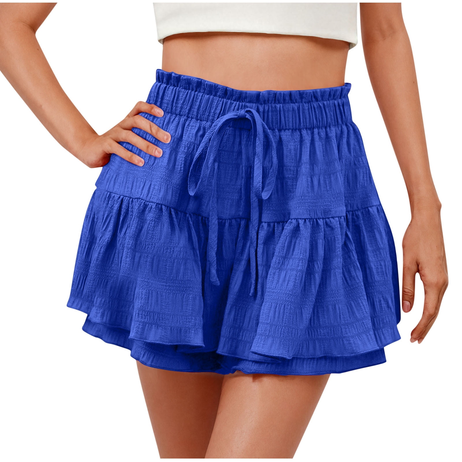 Olyvenn Fashion Women's Casual Skorts Fashion Ruffle Drawstring Skirt with Shorts Summer Solid ...