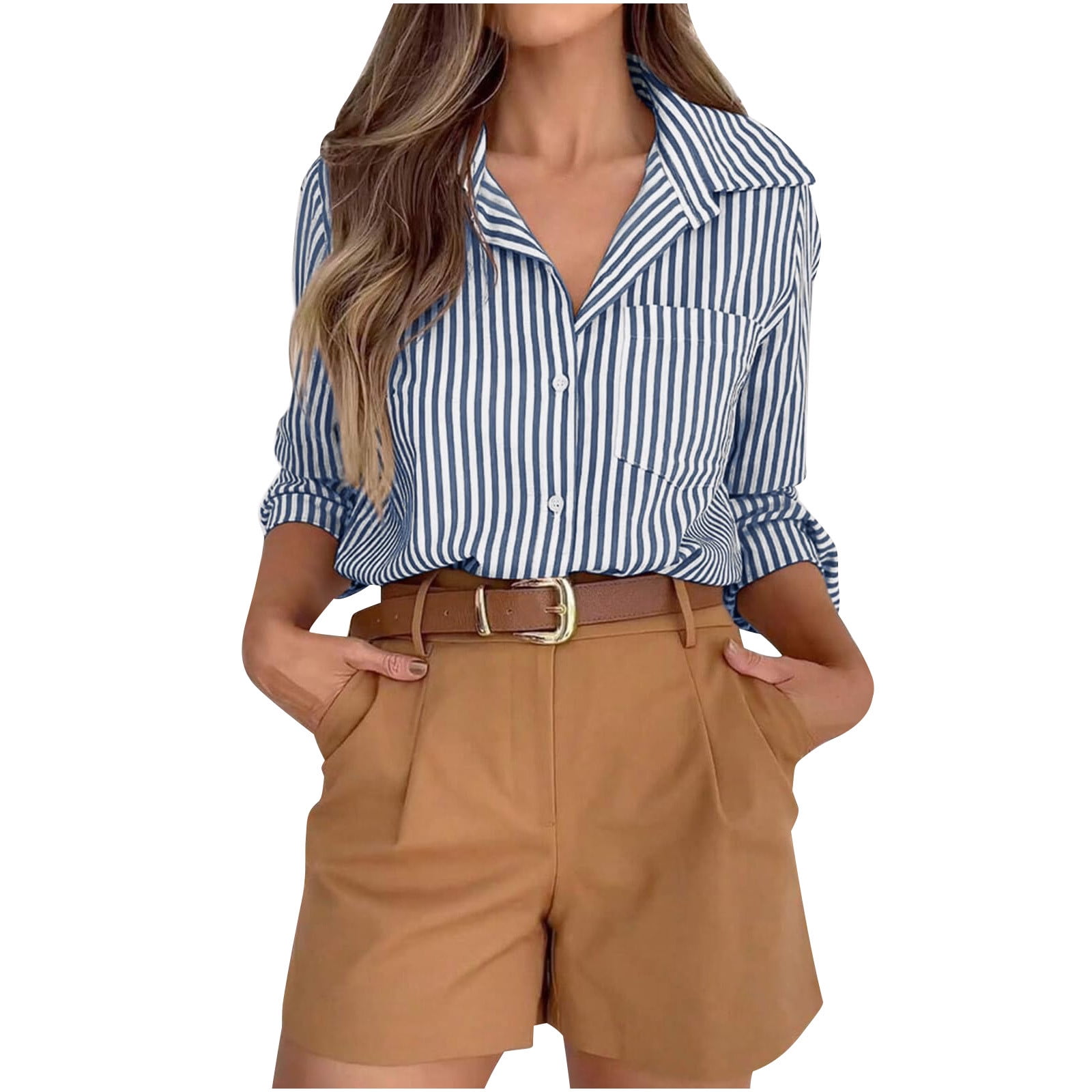 Olyvenn Striped Button Down Shirts for Women Dress Shirts Long Sleeve ...