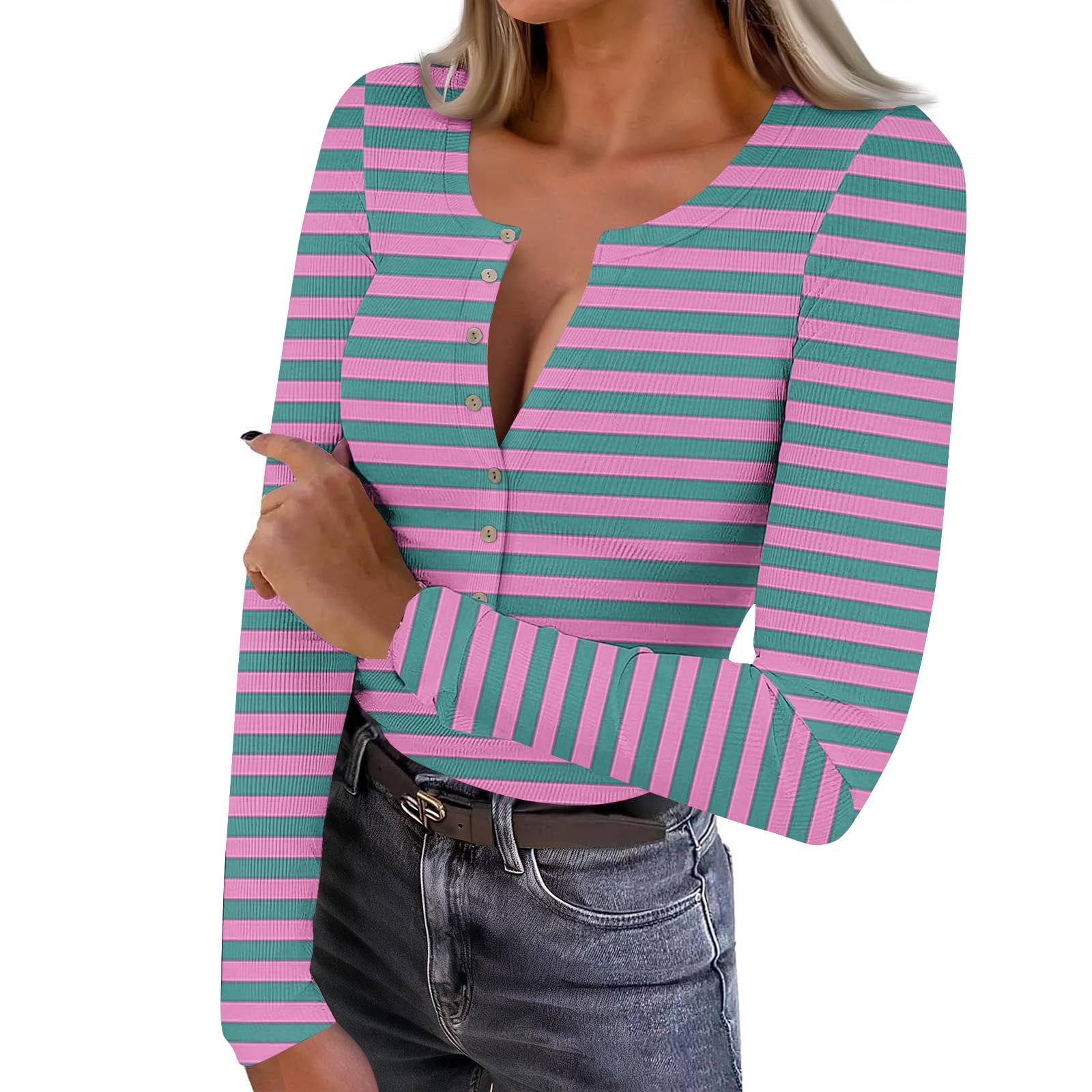 Olyvenn Striped Going Out Tops for Women Henley Long Sleeve Shirts ...