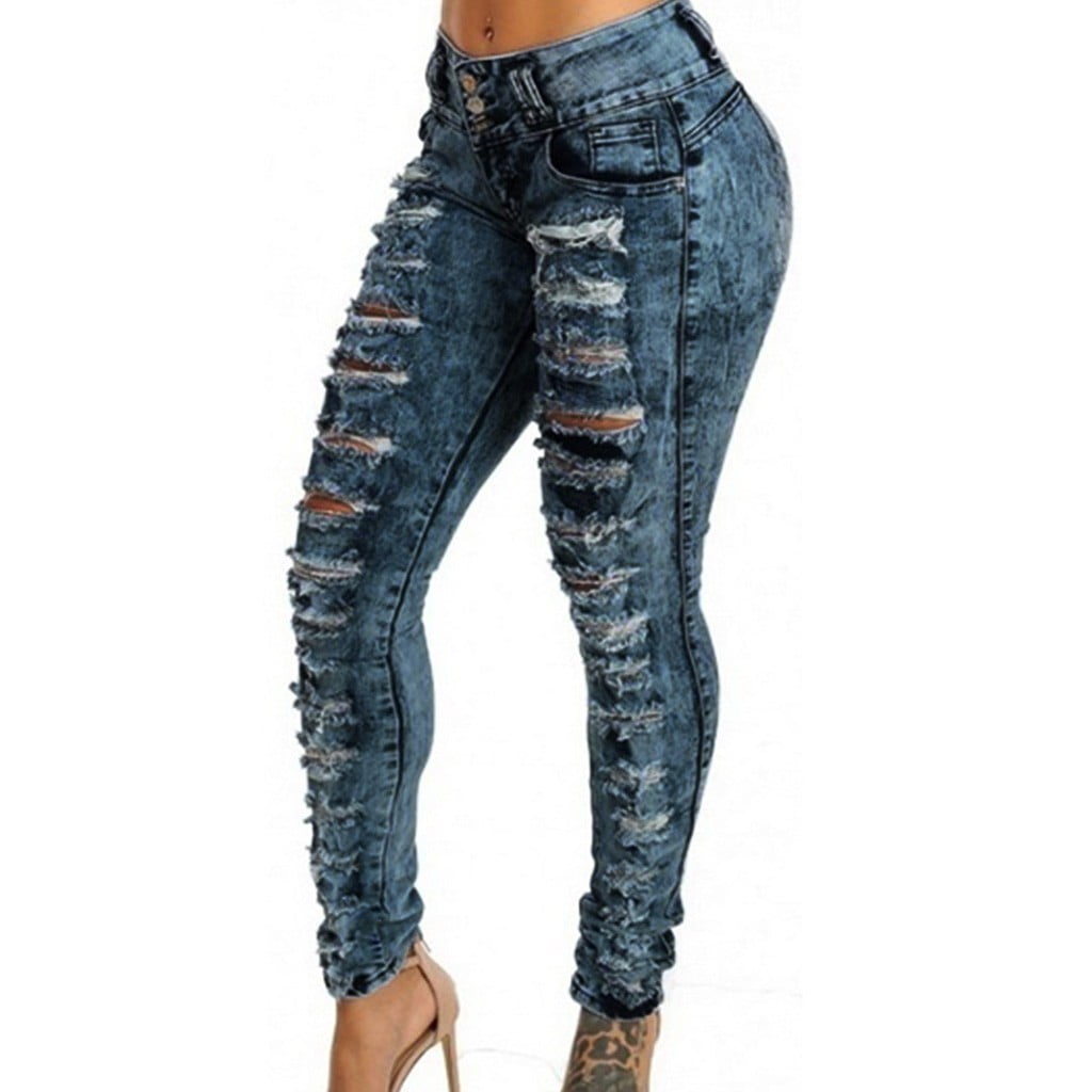 Olyvenn Stylish Women's High Waist Hole Jeans Button Denim Pants ...