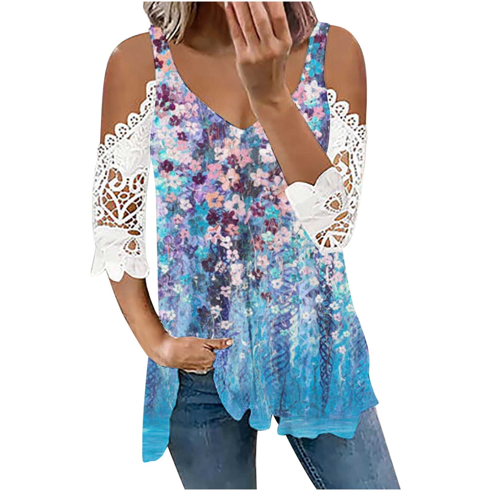 Olyvenn Summer Womens Tunic Tops Graphic T Shirts Workout Lace Short