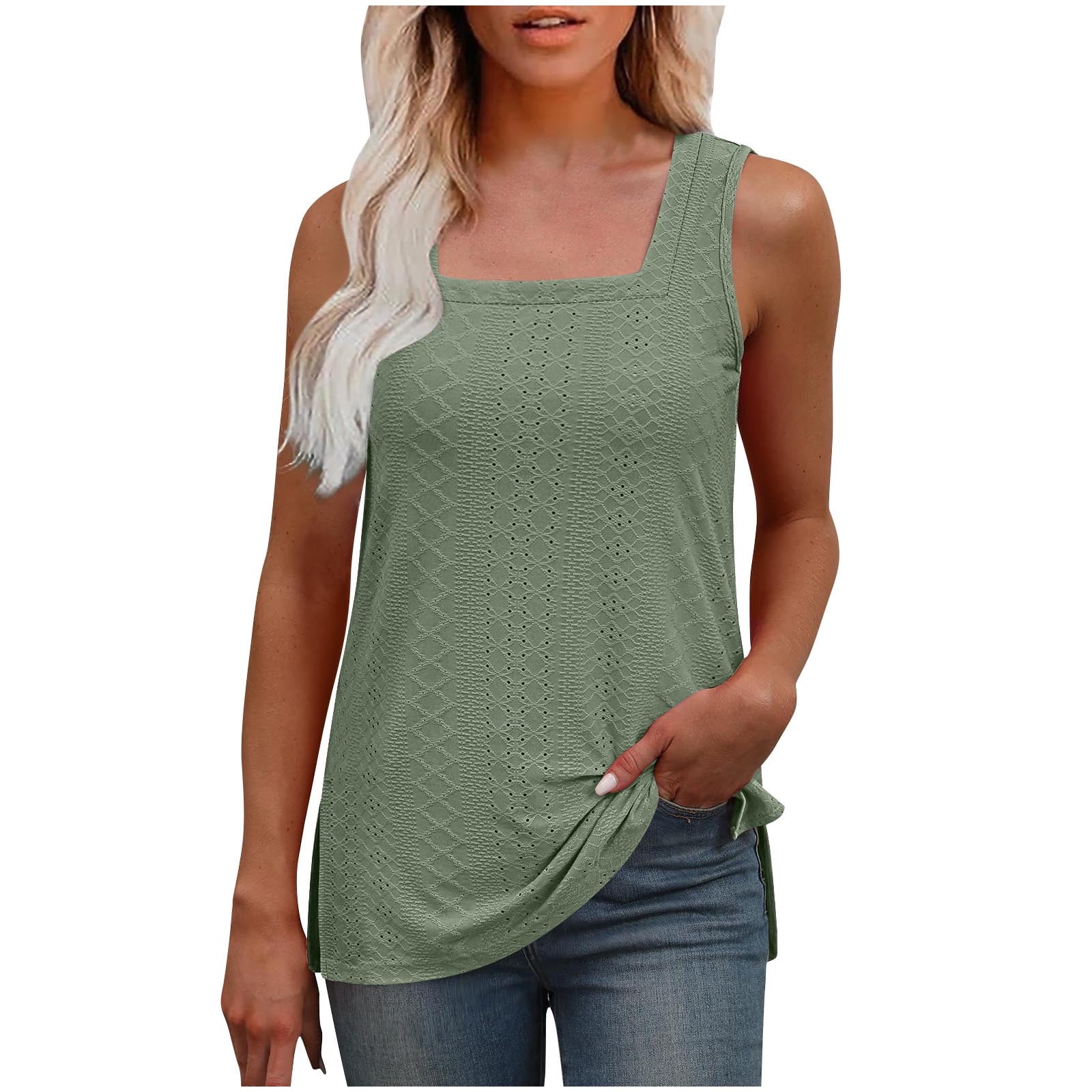 Olyvenn Tank Top for Women Loose Fit Eyelet Summer Tops Flowy ...