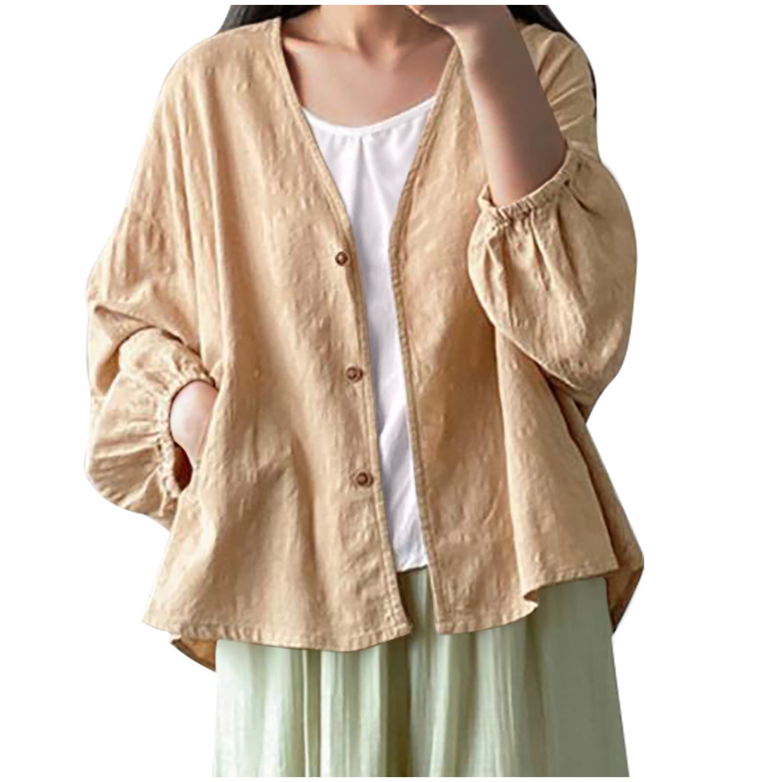 Olyvenn Women Cotton Linen Shirt Jackets Summer Button Down Lantern ...