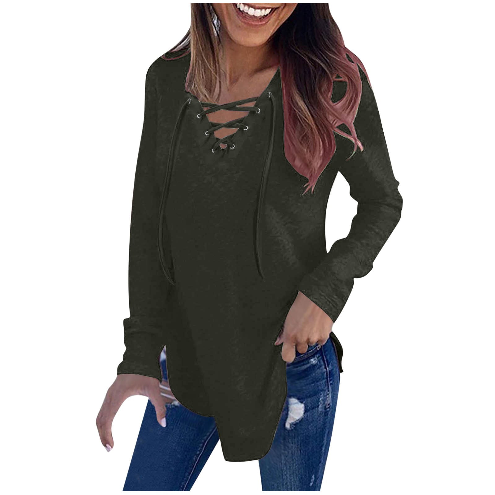 Olyvenn Women Lace Up V Neck Long Sleeve Tops Casual Spring Criss Cross ...