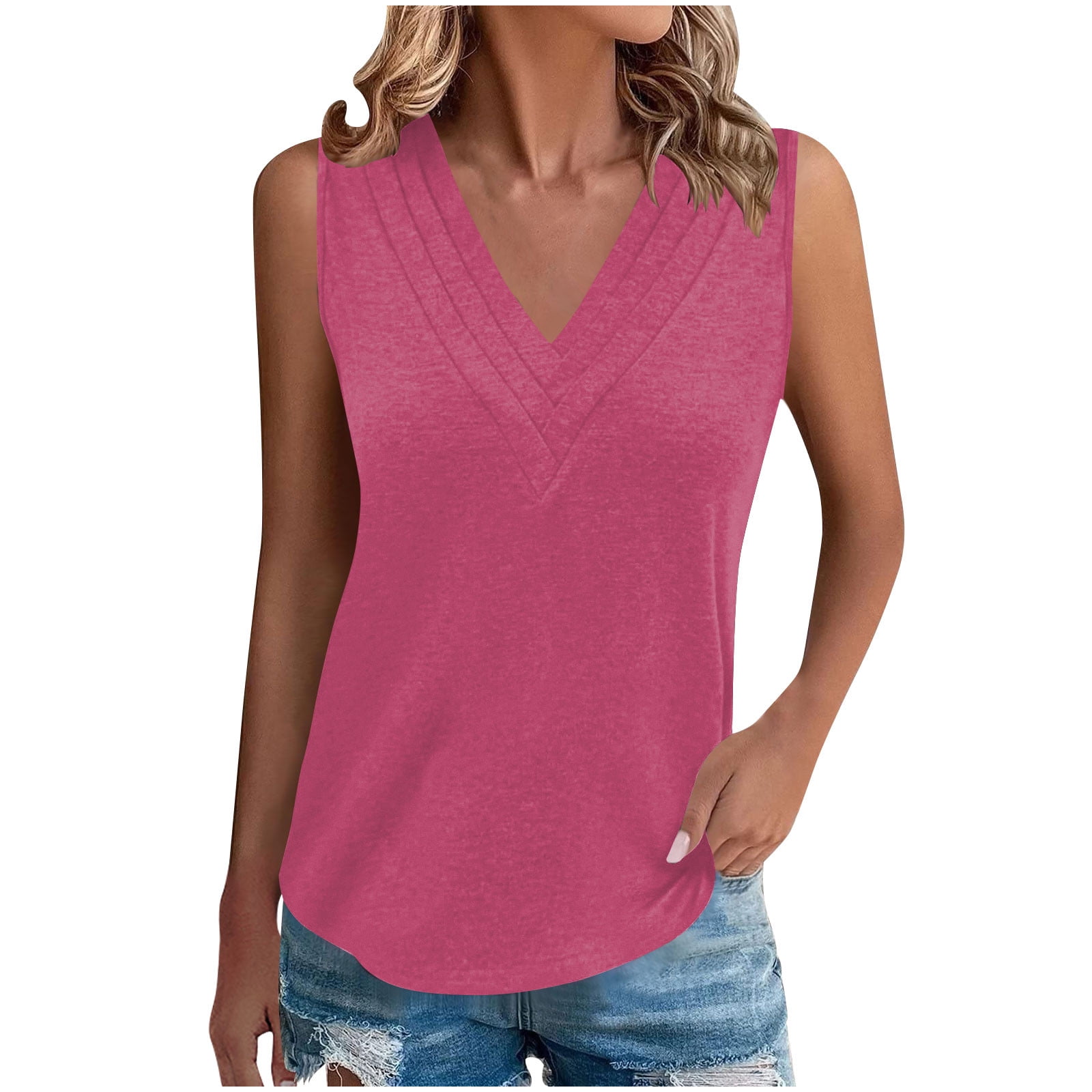 Olyvenn Women Loose Fit Tank Top Basic Casual 2025 Summer Pleated V ...