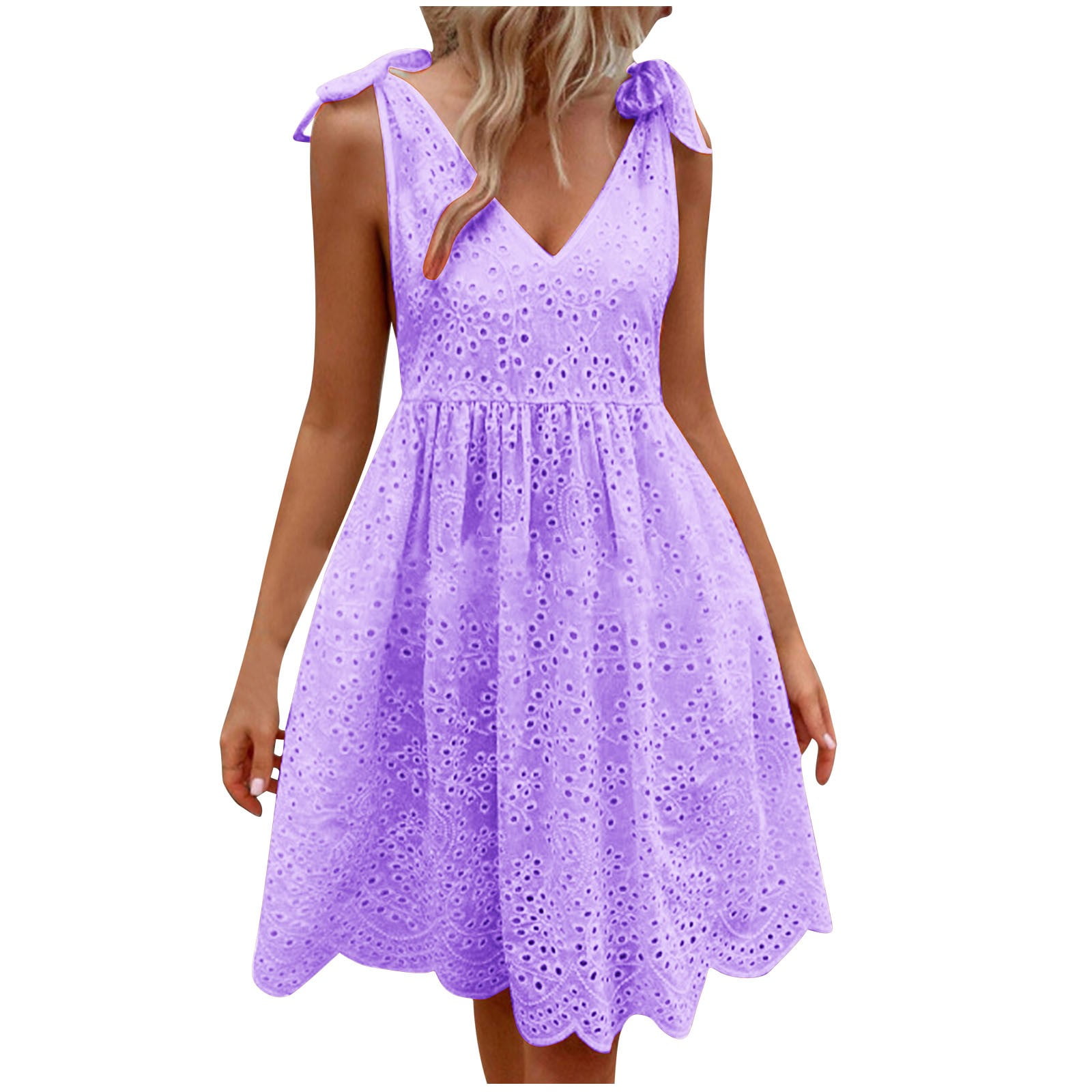 Olyvenn Women Summer V-Neck Eyelet Embroidery Ruffle A-Line Mini Dress ...