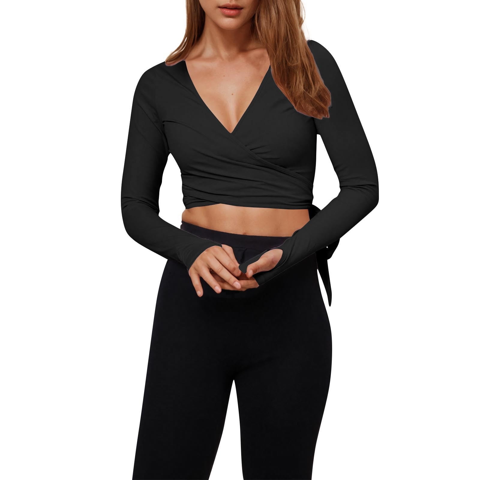 Olyvenn Women V Neck Tie Wrap Top Y2K Long Sleeve Cross Wrap Yoga Crop ...