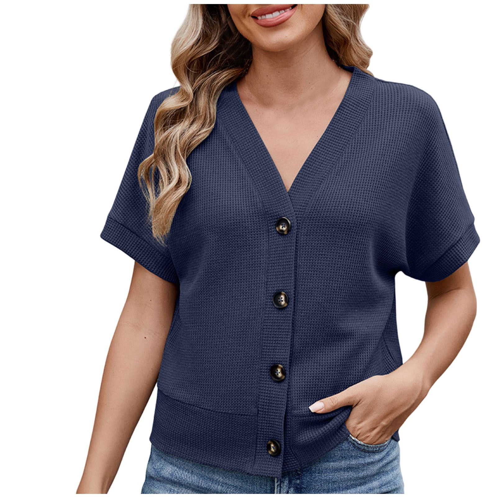 Olyvenn Women Waffle Knit Button Down T-Shirts Dressy Short Sleeve V ...