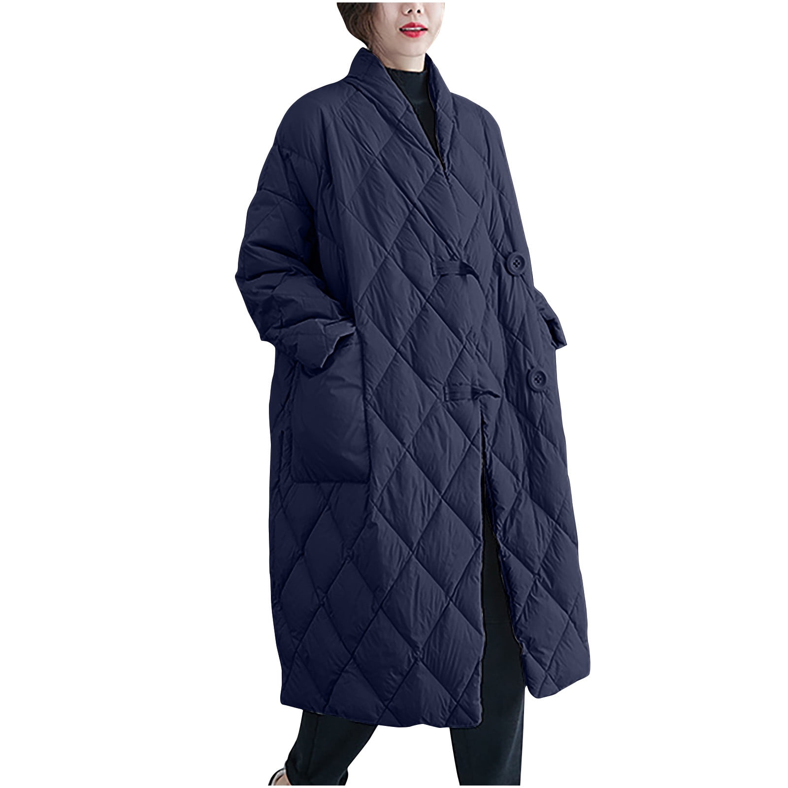 Olyvenn Women Winter Long Quilted Coat Loose Warm Outwear Stand Collar ...