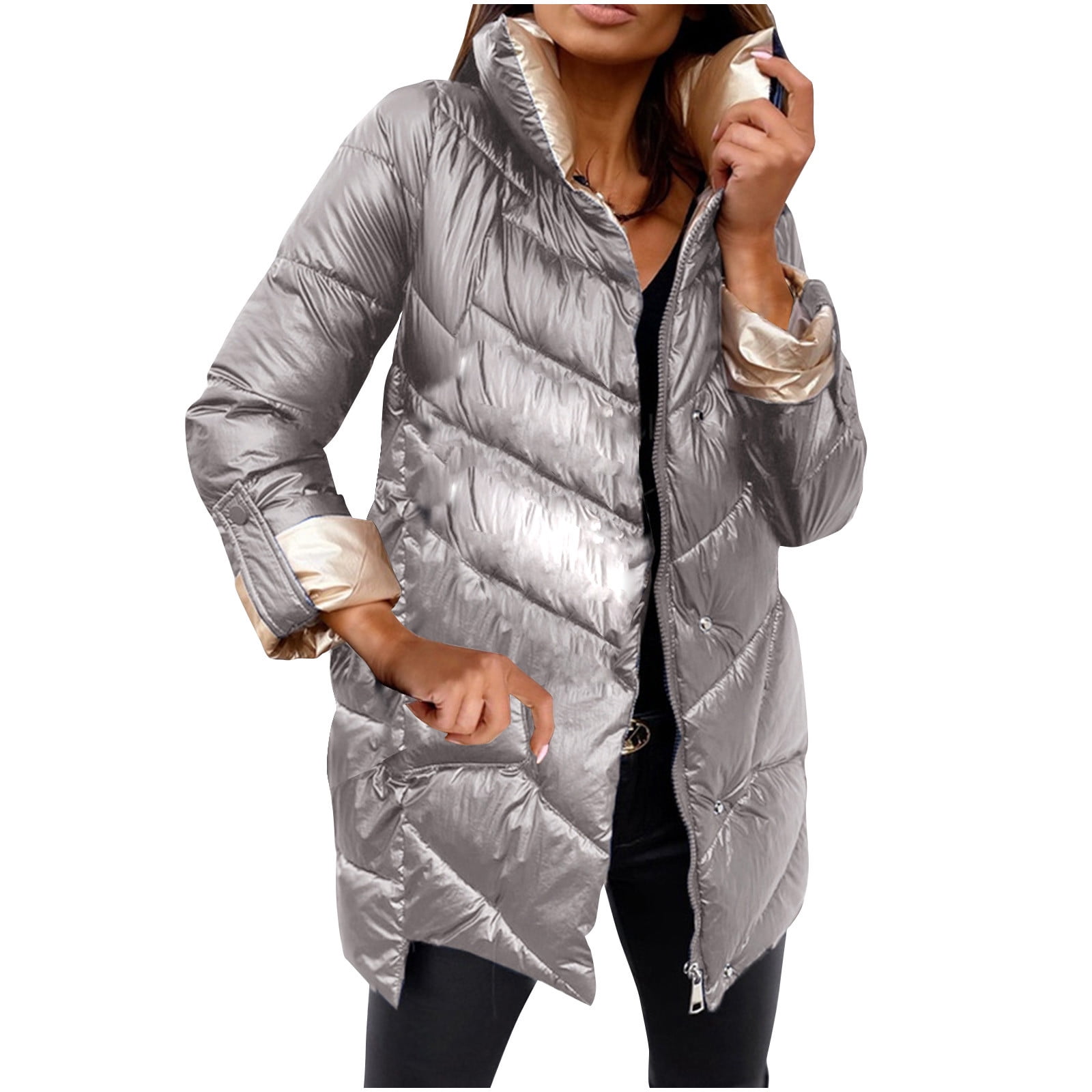 Olyvenn Women Winter Warm Down Jacket Stand Collar Long Sleeve Zip Up Quilted Puffer Coat ...