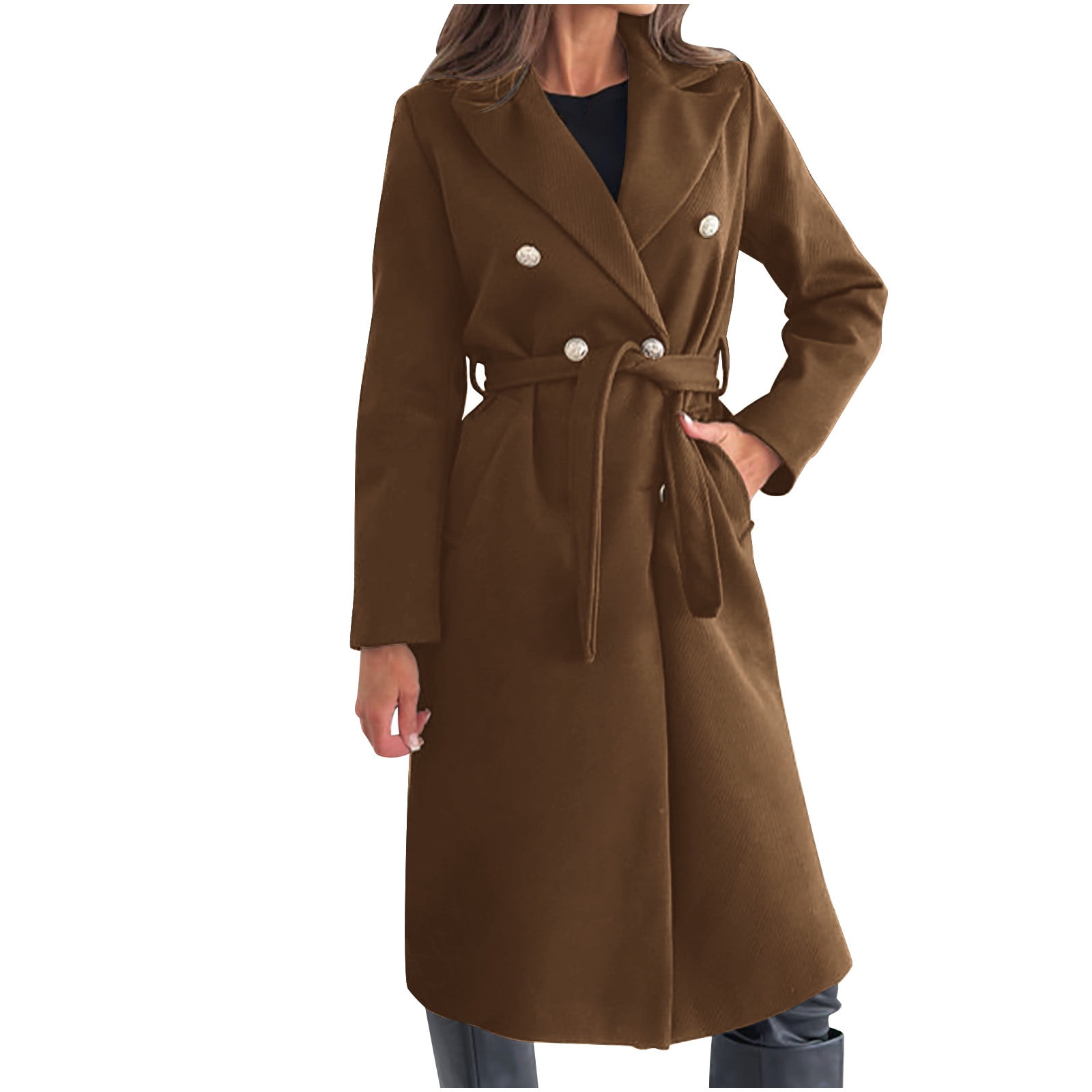 Olyvenn Women Wool Blend Pea Coat Stylish Notched Collar Double ...