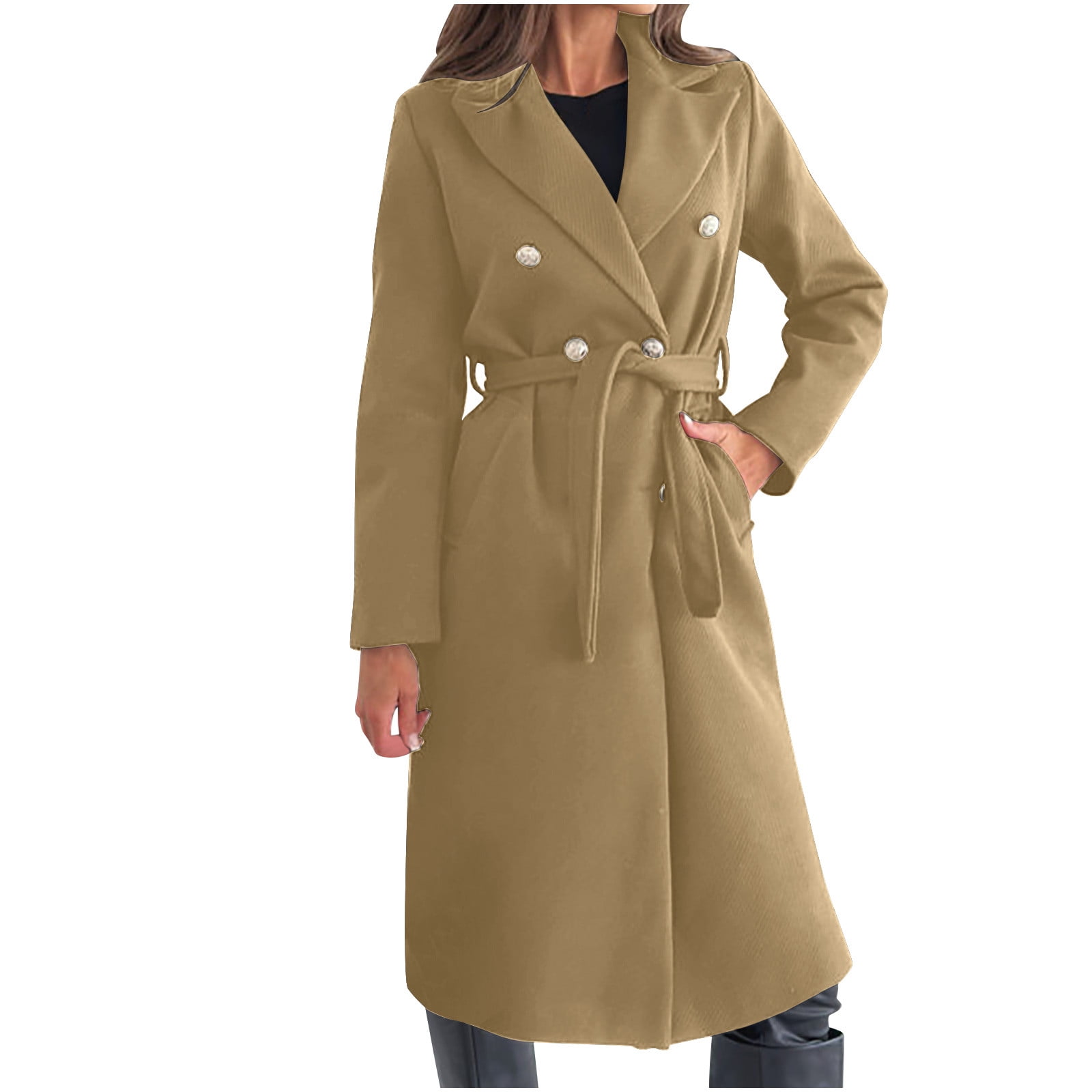 Olyvenn Women Wool Blend Pea Coat Stylish Notched Collar Double ...