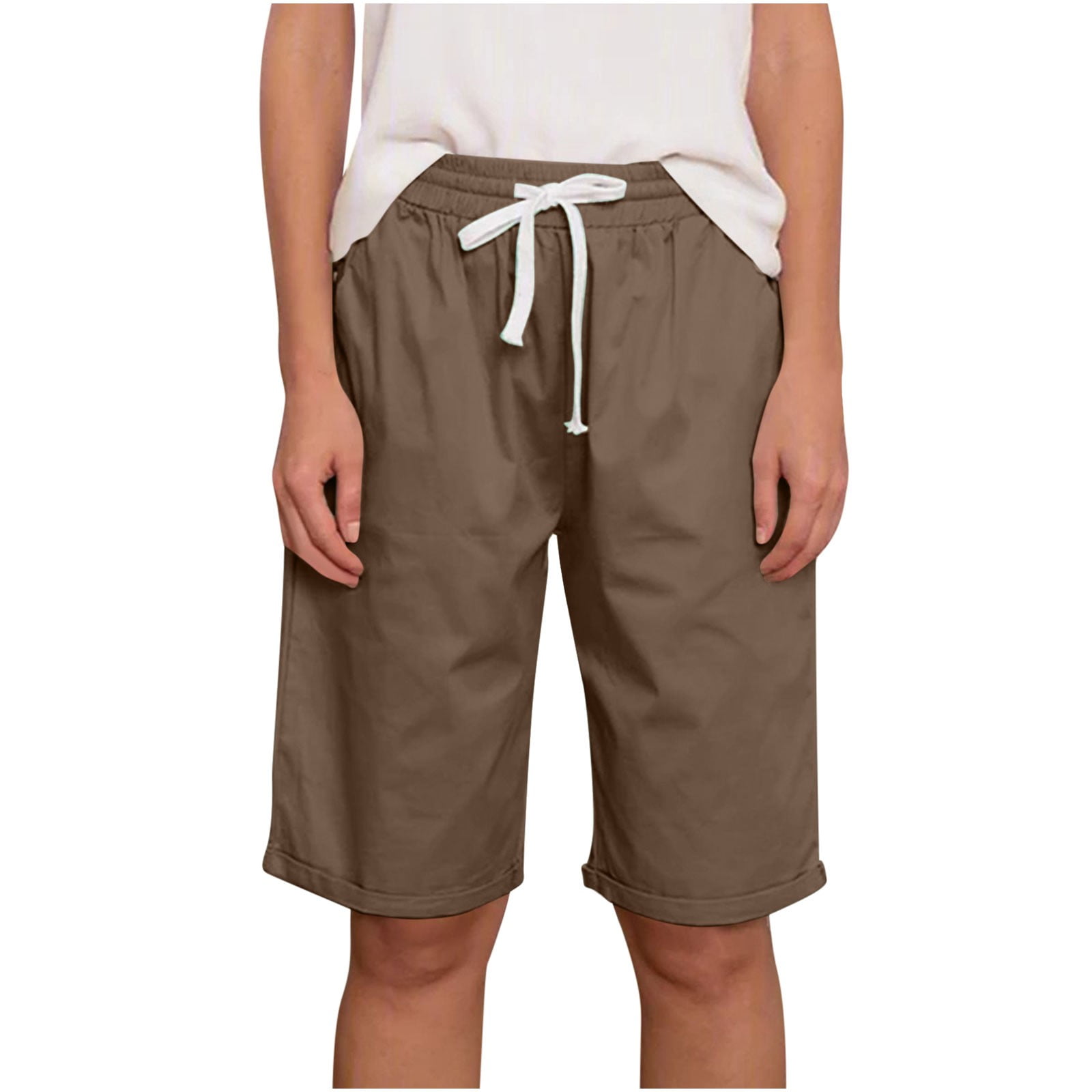 Olyvenn Women's Bermuda Knee Length Shorts Cotton Linen Casual Cargo ...