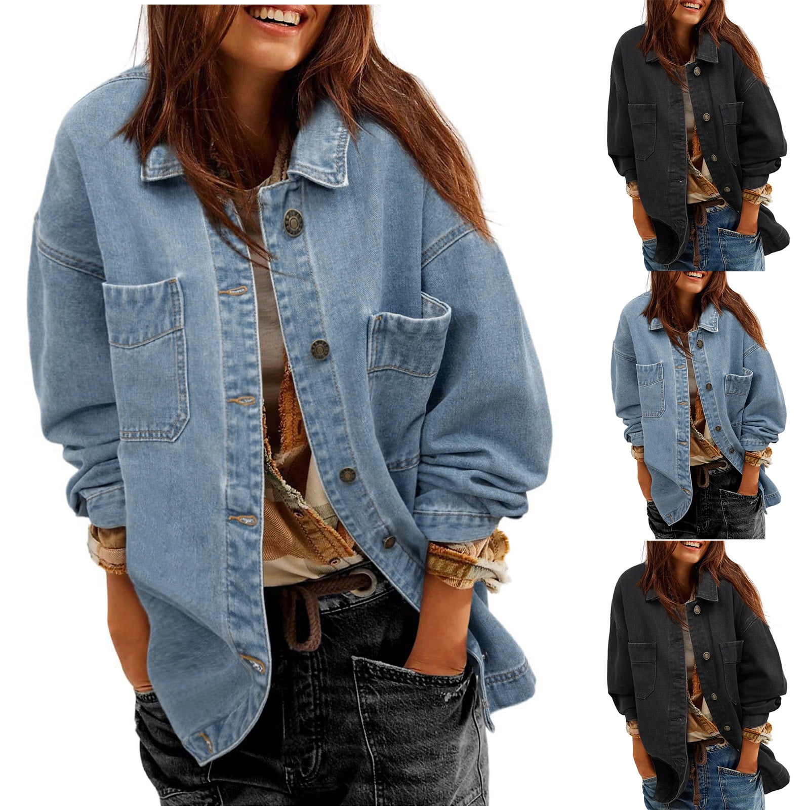 Olyvenn Women's Jean Jacket Collared Oversized Boyfriend Button Up Long ...