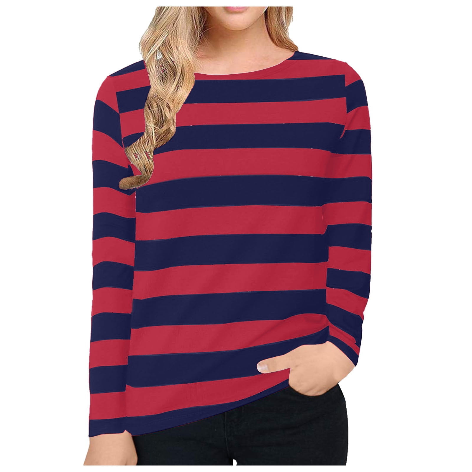 Olyvenn Women's Long Sleeve Crew Neck T-Shirt Red Blue Horizontal ...