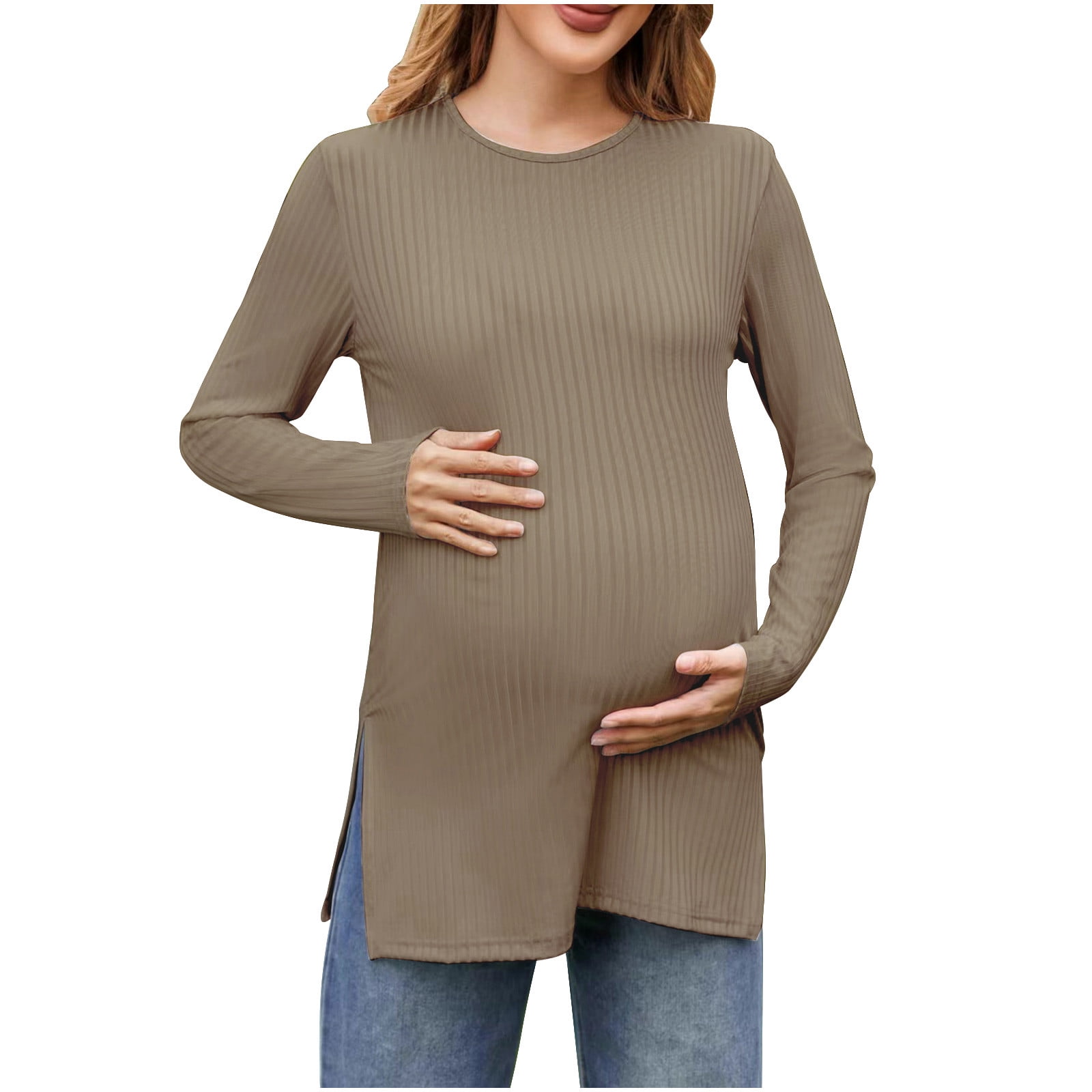 Olyvenn Women's Maternity Shirts Long Sleeve Split Side Pregnancy Tee ...