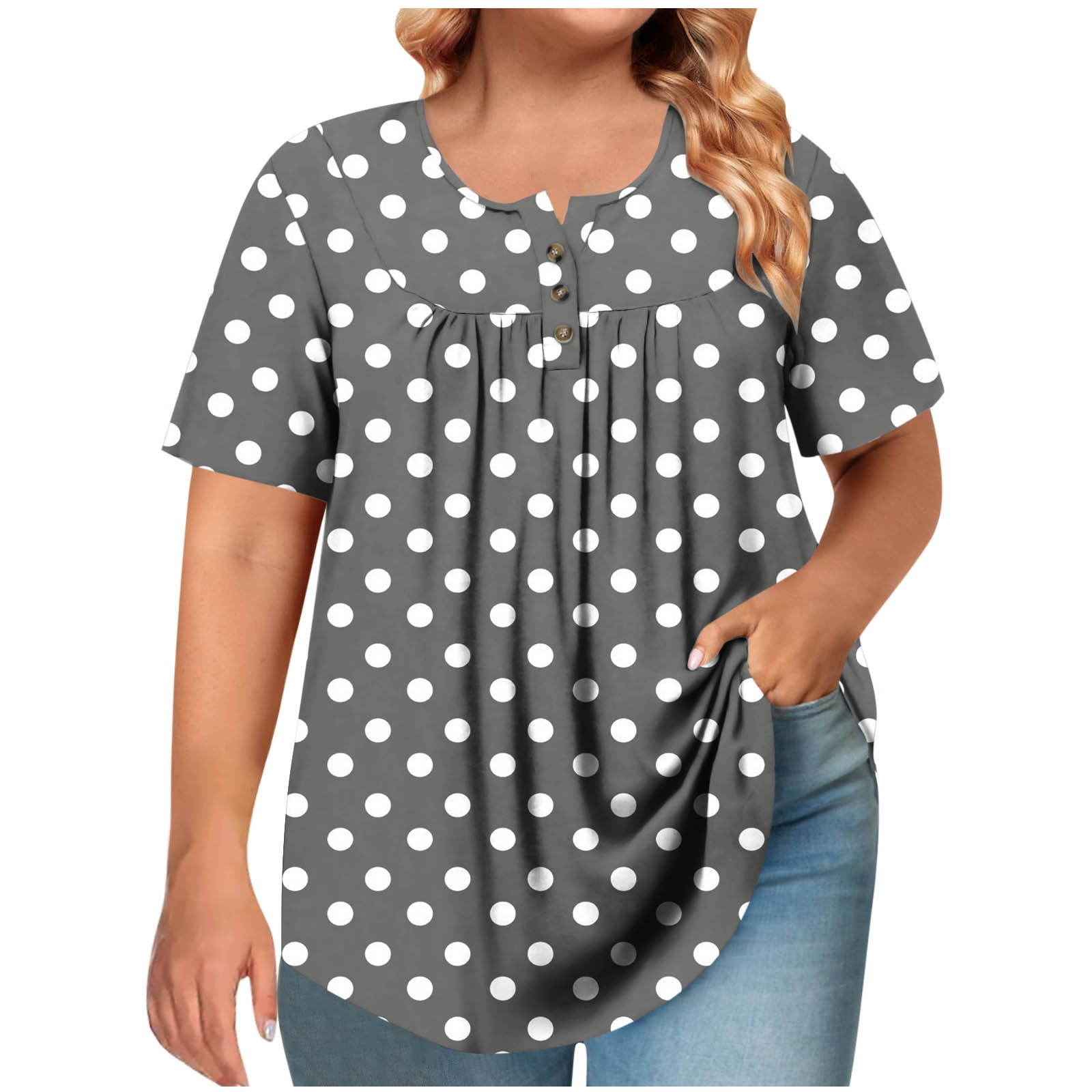 Olyvenn Women's Plus Size Henley Shirts Polka Dot Print Summer Tops Buttons Crewneck Pleated ...