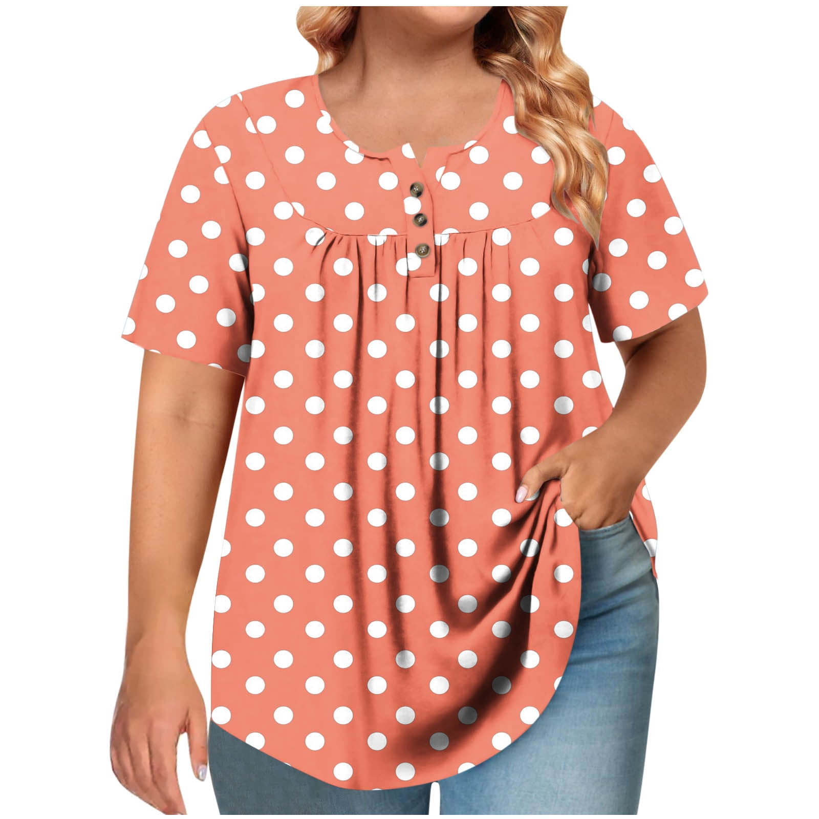 Olyvenn Women's Plus Size Henley Shirts Polka Dot Print Summer Tops ...