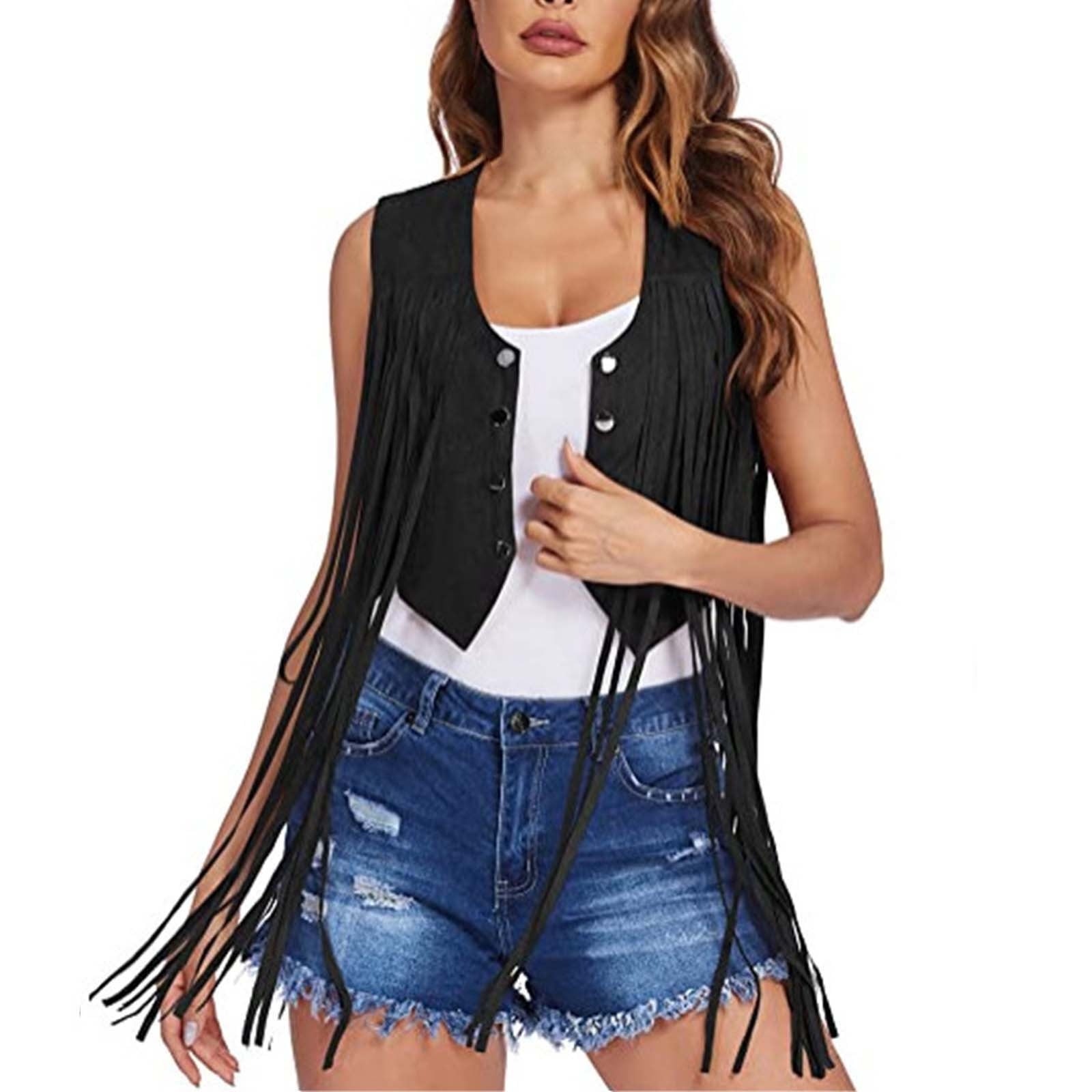 Olyvenn Women's Sleeveless Tassel Vest Retro Button Down Vests Outwear ...