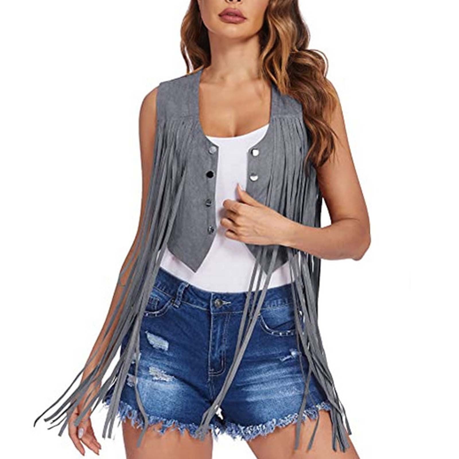 Olyvenn Women's Sleeveless Tassel Vest Retro Button Down Vests Outwear ...