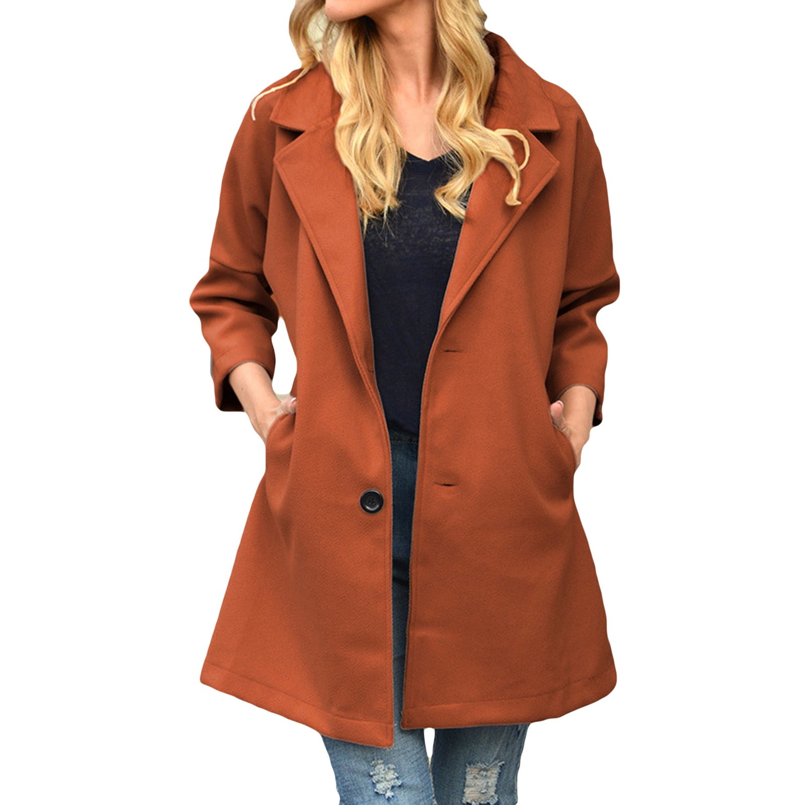 Olyvenn Women's Solid Color Bust Pocket Cardigan Wool Sweater Coat ...