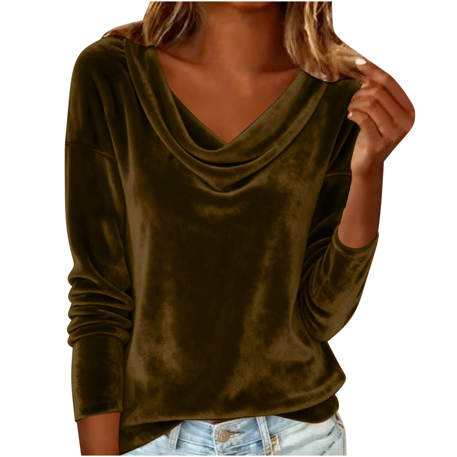 Olyvenn Women's Sparkly Velvet Tops Elegant Cowl Neck Long Sleeve ...