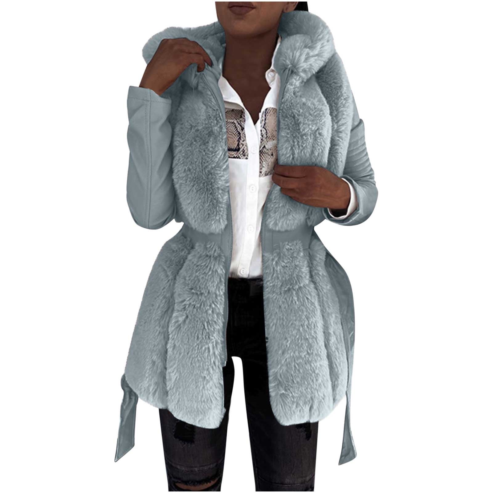 Olyvenn Women's Winter Warm Ruffled Hooded Coat Waist Faux Leather ...