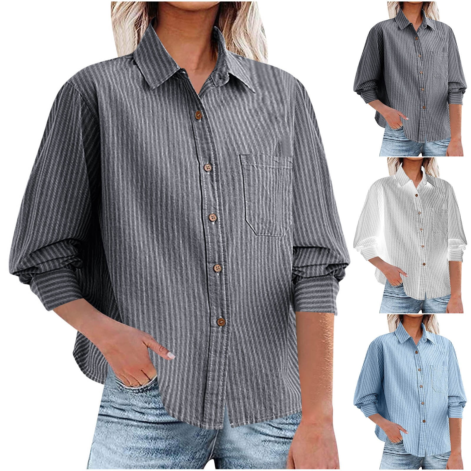 Olyvenn Womens 2025 Smocked Cuffed Striped Boyfriend Shirt Flap Pocket ...
