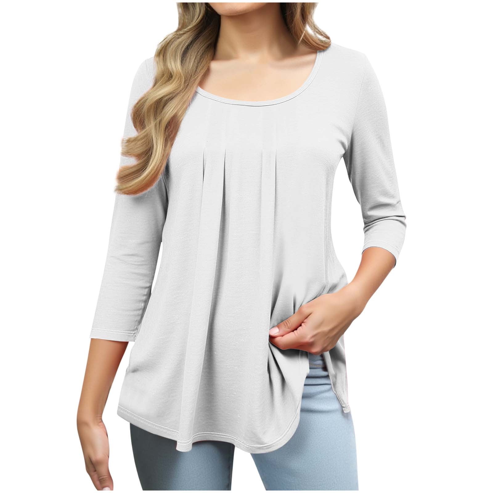 Olyvenn Womens 3/4 Sleeve Pleated Round Neck Blouses Dressy Casual Fall ...