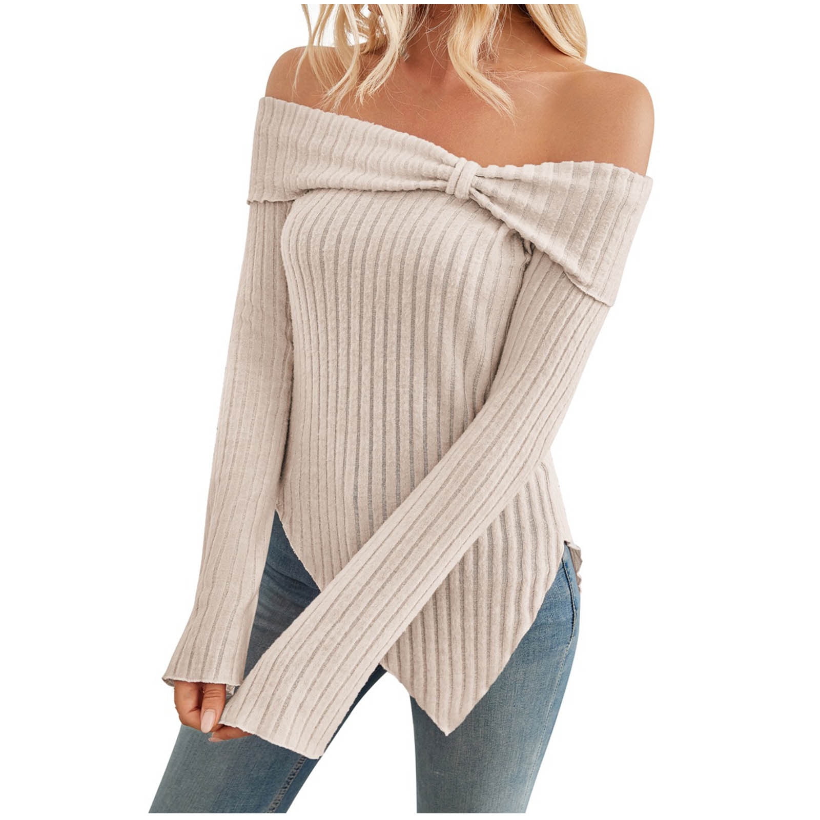Olyvenn Womens Cute Bow Off Shoulder Knitted Sweater Tops Trendy Side ...