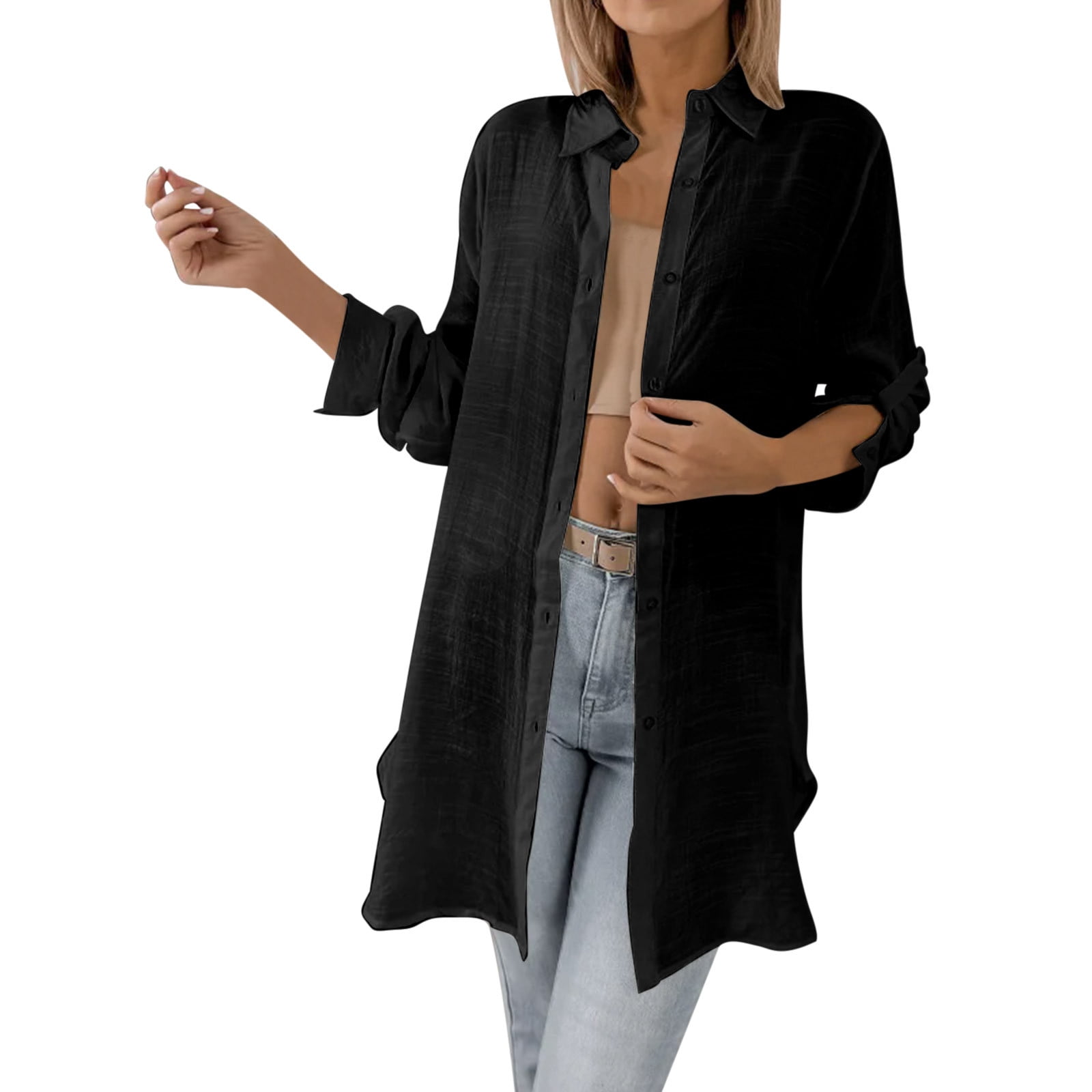 Olyvenn Womens Long Shirts Button Down Long-Sleeve Blouses Summer Fall ...