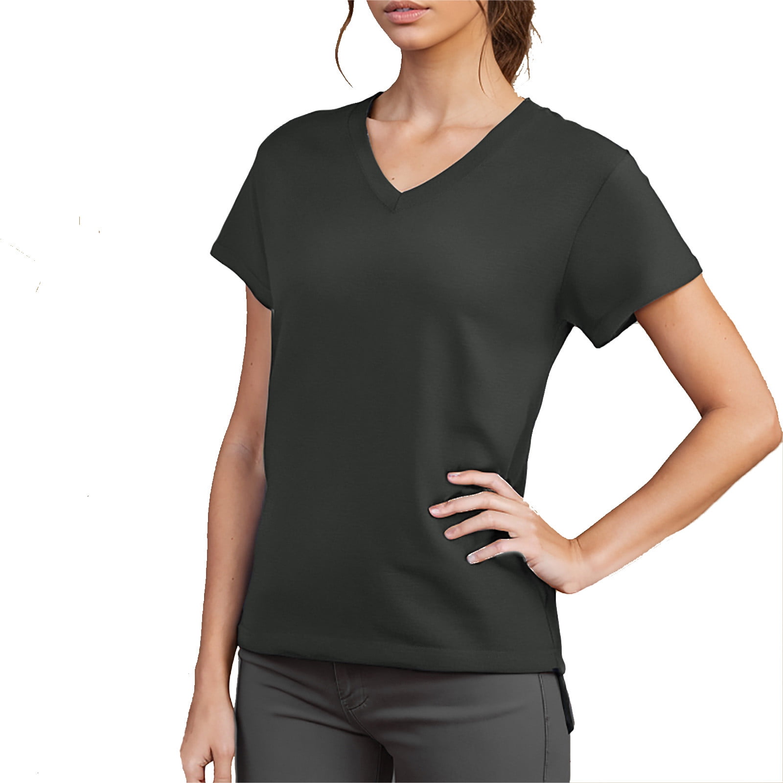 Olyvenn Womens Short Sleeve T-Shirts 2025 Summer Basic V Neck Tee Tops Casual Solid Color Comfy ...