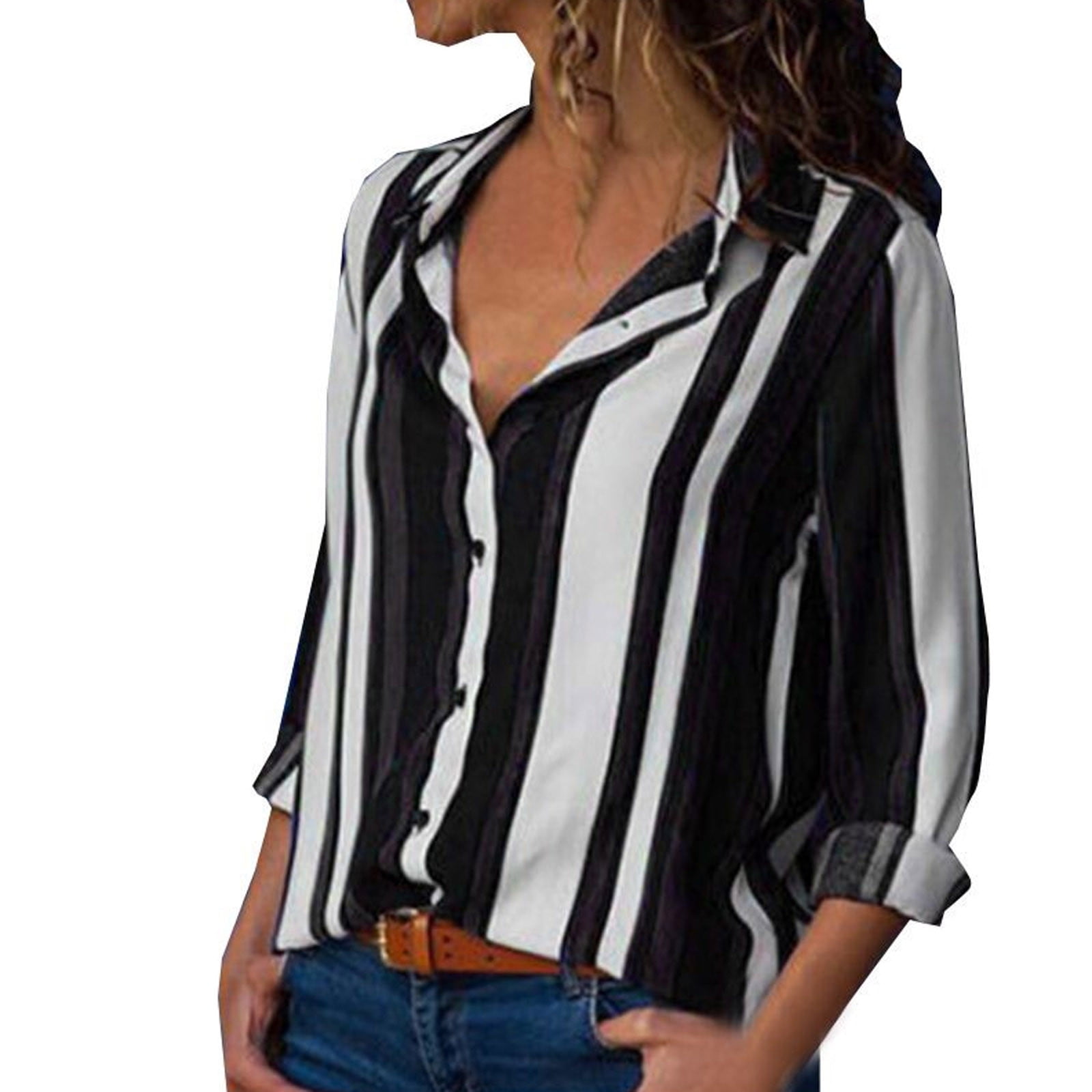 Olyvenn Womens Tops Casual Plus Size Loose Women Cuffed Long Sleeve V