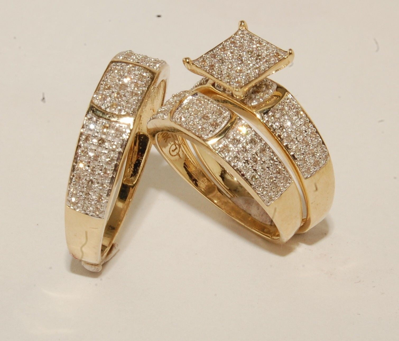 Om Jewels 14K Yellow Gold Finish His & Her Cubic Zirconia Wedding Engagement Cluster Trio Ring ...