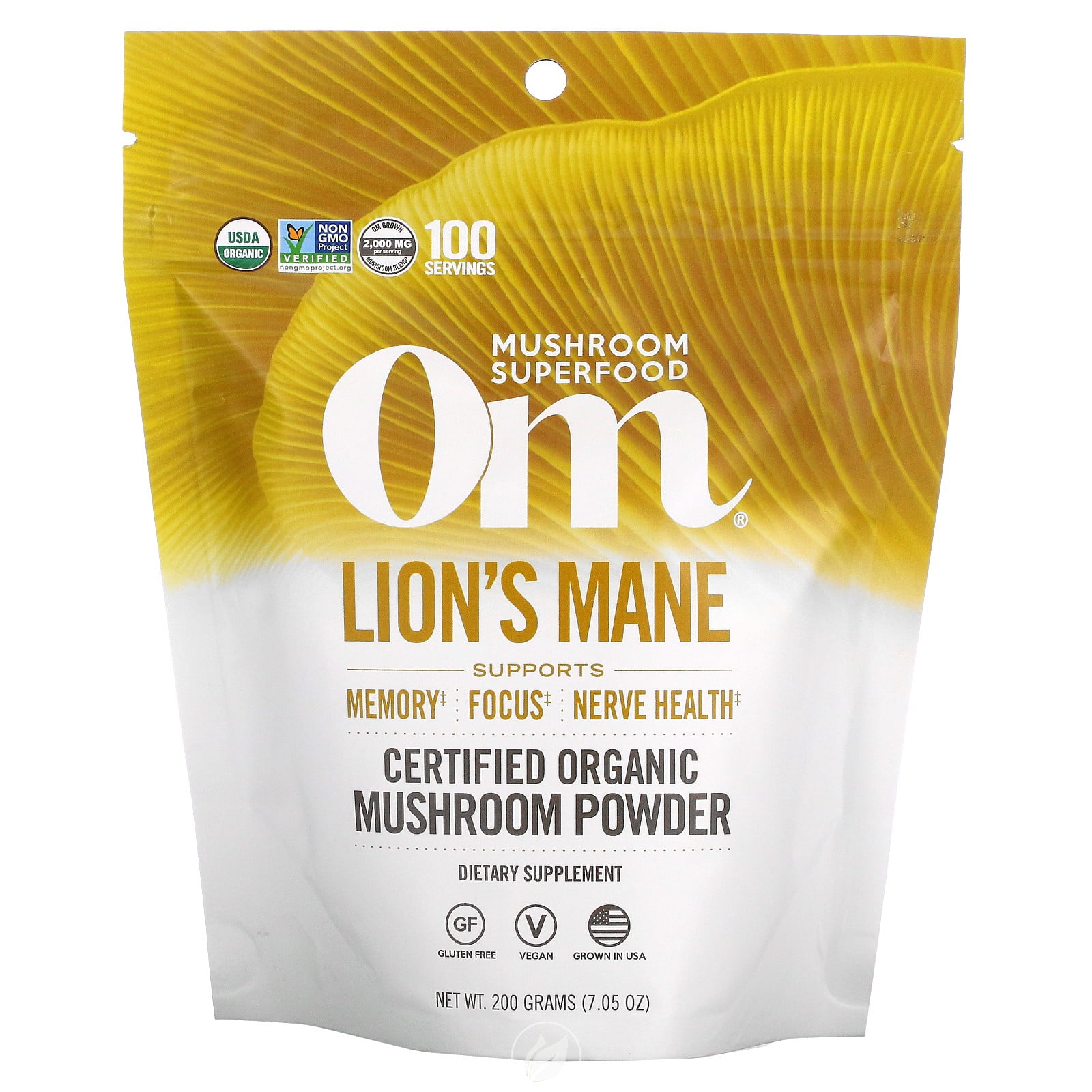 Om Lion's Mane Mushroom Powder, 200g, 7.05oz, Vegan, Keto, Paleo - Walmart.com
