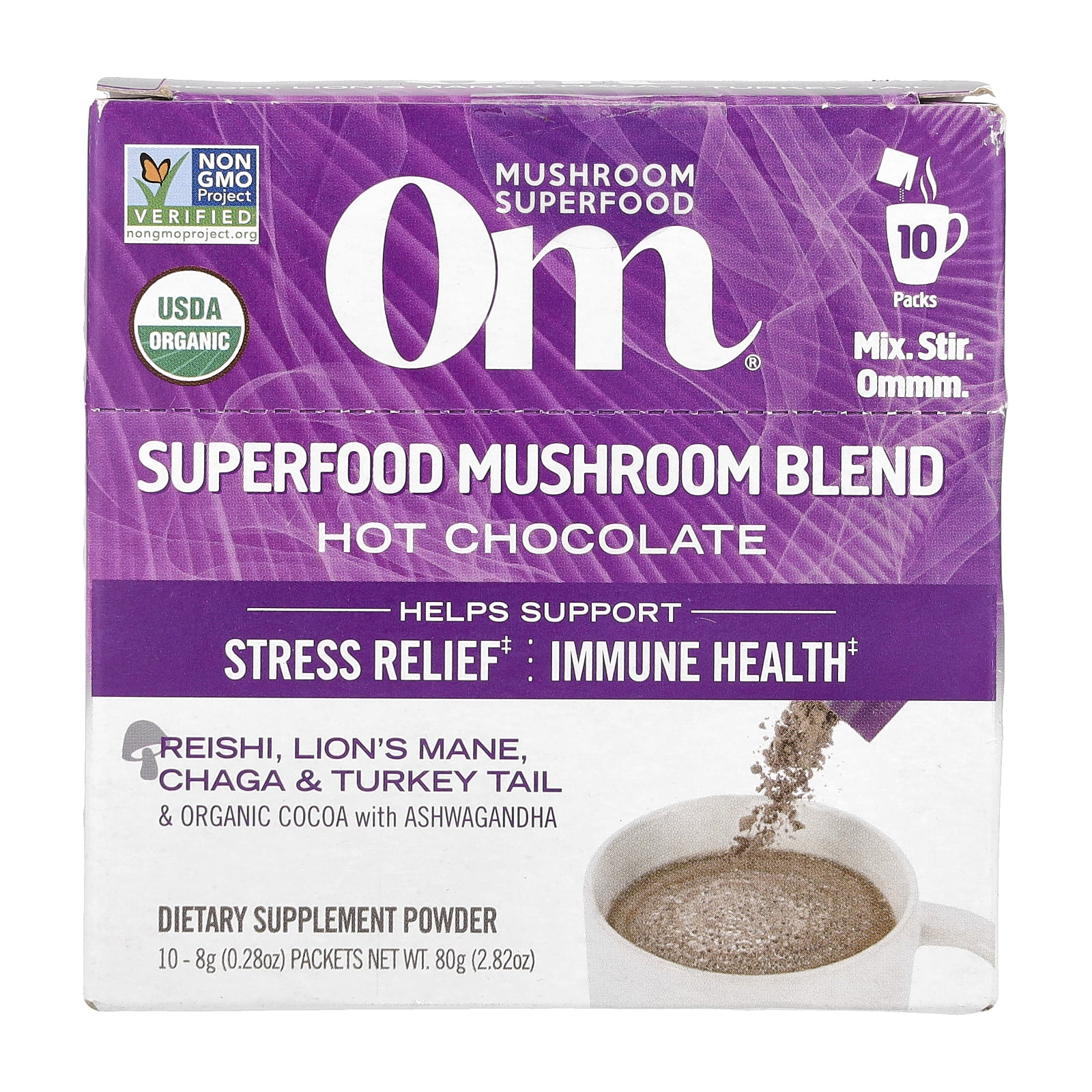 Om Mushrooms Superfood Mushroom Blend, Organic Hot Chocolate, Vegan, 10 ...