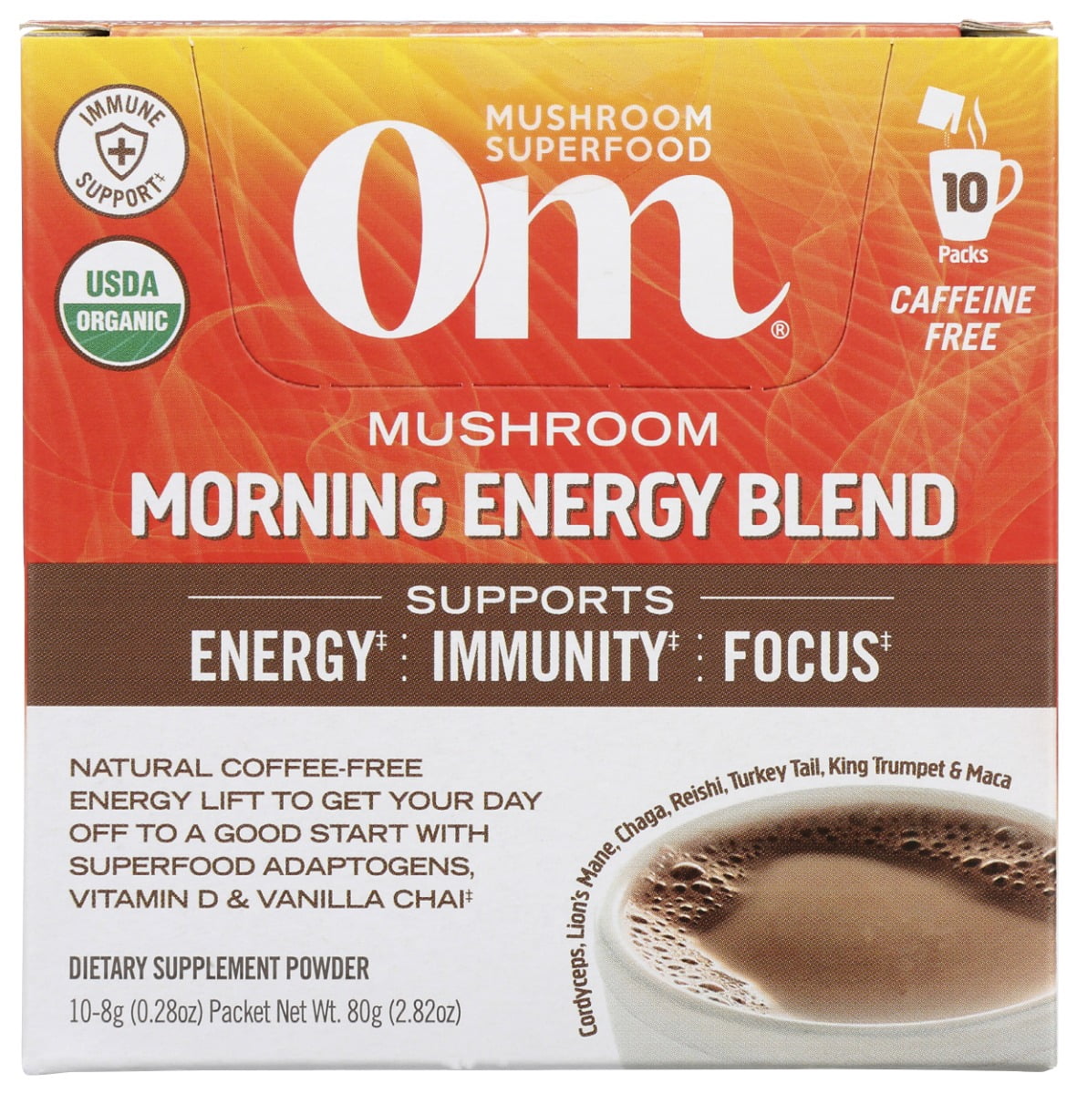 Om Mushroom Superfood Morning Energy Blend Chai Packs, Caffeine Free ...