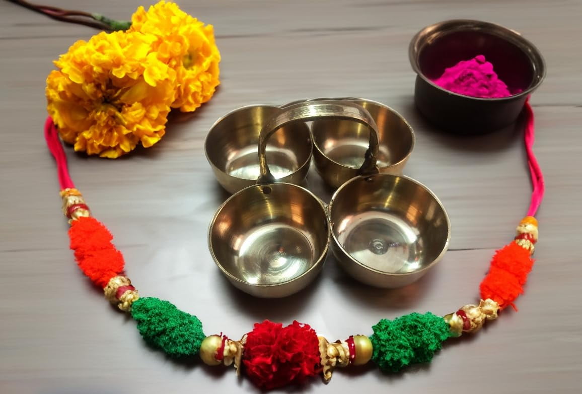 Om ShreeJee Decor Brass Puja Chowmukh Chokra Chopala Bowl Stand for Haldi Kumkum Rice Elaichi ...