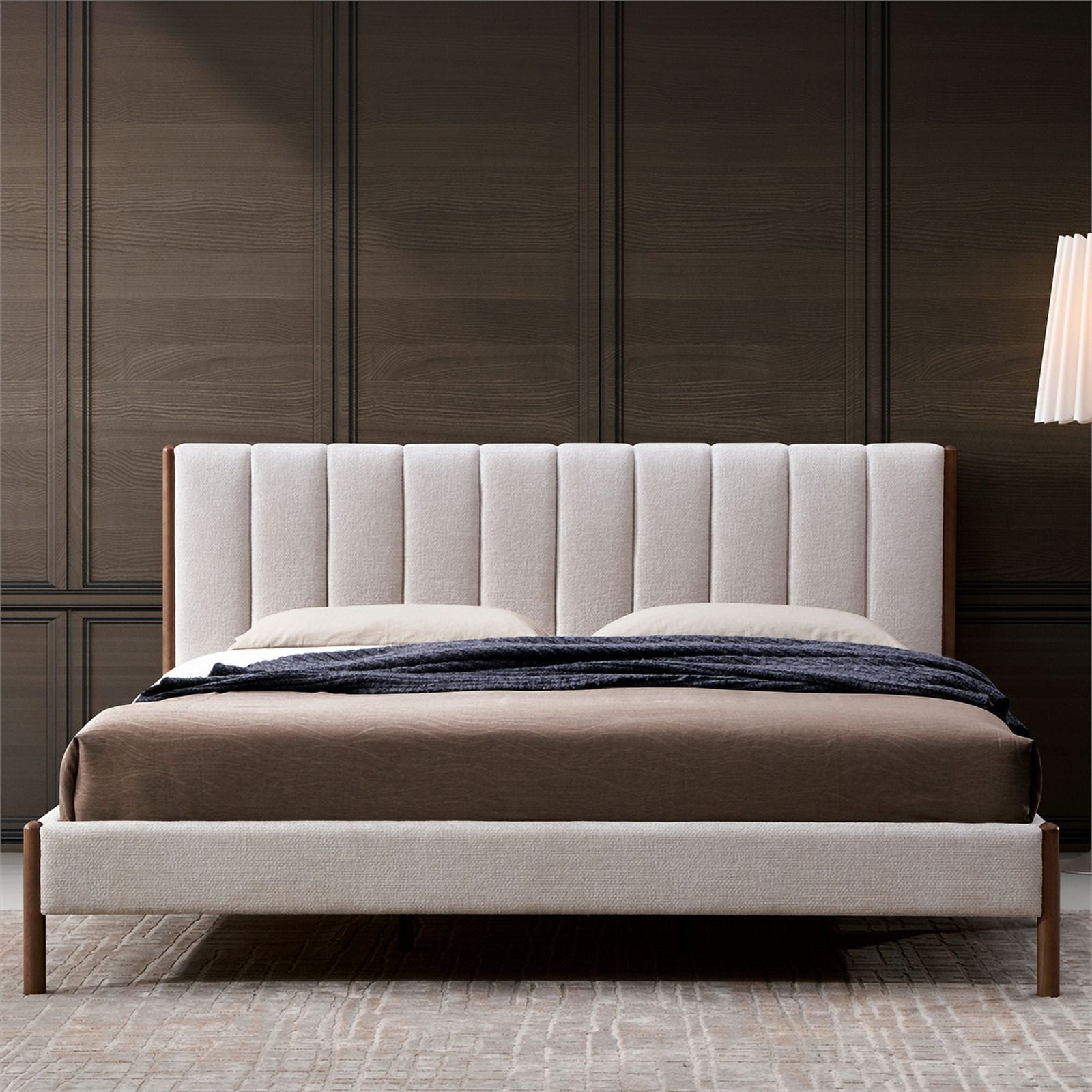 Omax Decor Exton Upholstered Platform King Bed in Cream Fabric ...