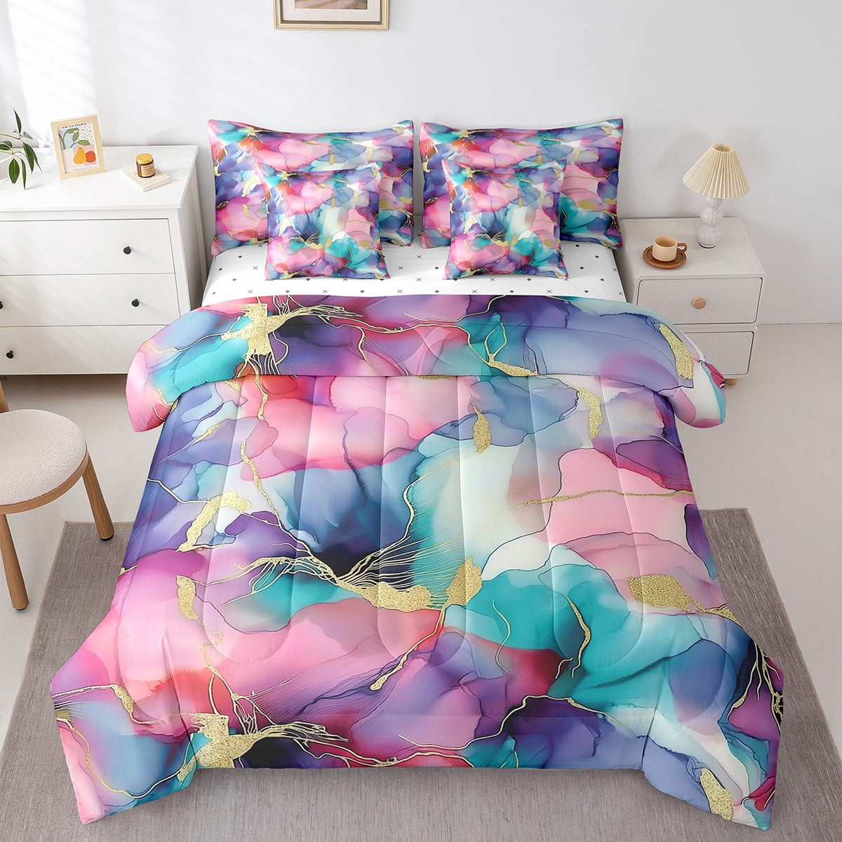 Ombre Bed in a Bag Queen Comforter Set 7 Piece,Watercolor Artwork ...