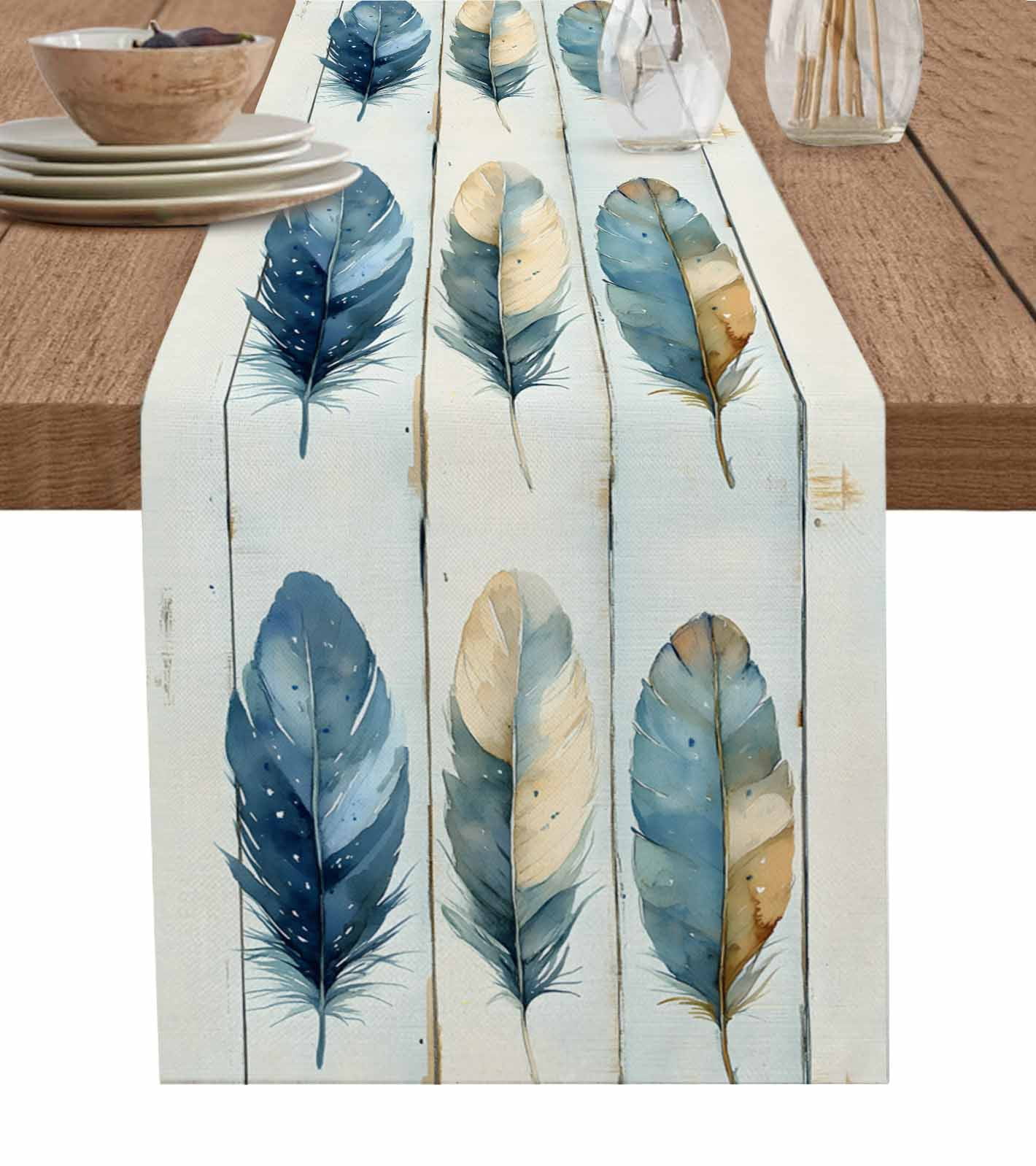 Ombre Blue Brown Feathers Table Runner 72 Inches, Boho Vintage Wooden ...